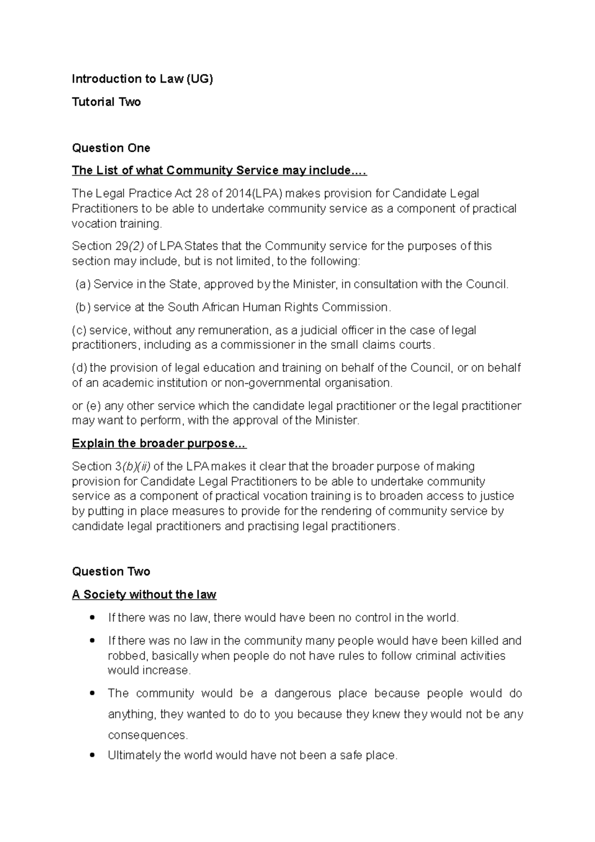 Introduction to Law Tutorial Two Memo - Introduction to Law (UG ...