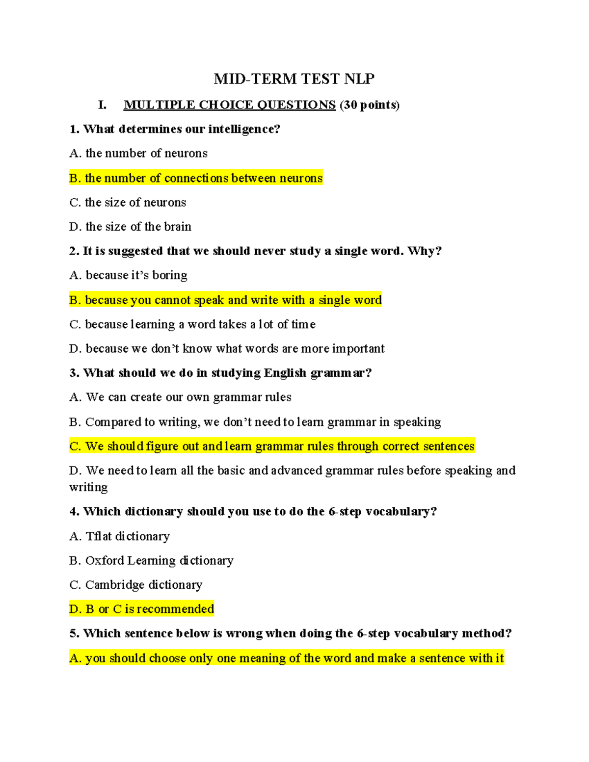 IE1 Mid-term NLP - MID-TERM TEST NLP I. MULTIPLE CHOICE QUESTIONS ( 30 ...