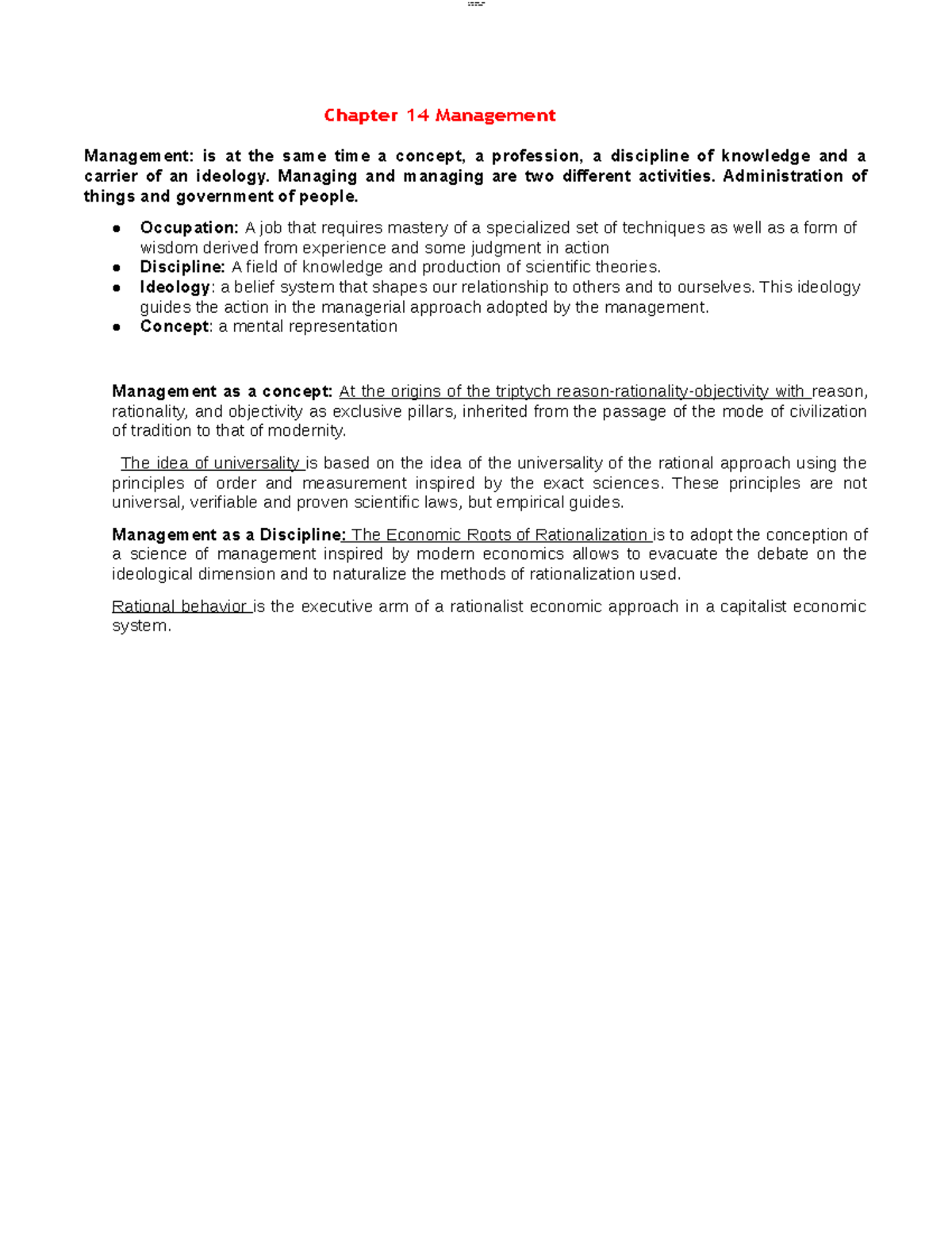 Chapter 14 Management - Chapter 14 Management Management: is at the same time a concept, a - Studocu
