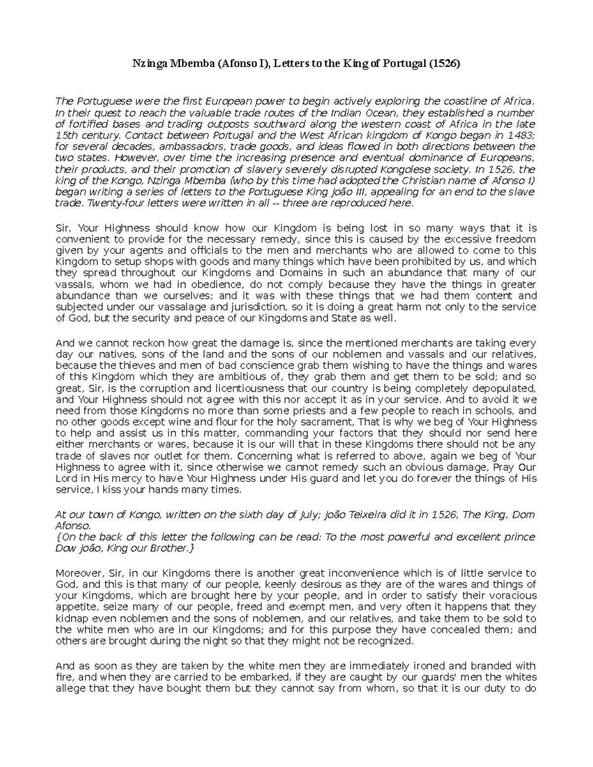 Nzinga Mbemba Letters to the King of Portugal - Nzinga Mbemba (Afonso I ...