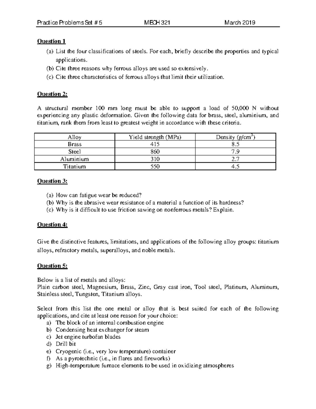Practice questions 5 MECH 321 - Practice Problems Set # 5 M ECH 321 M ...