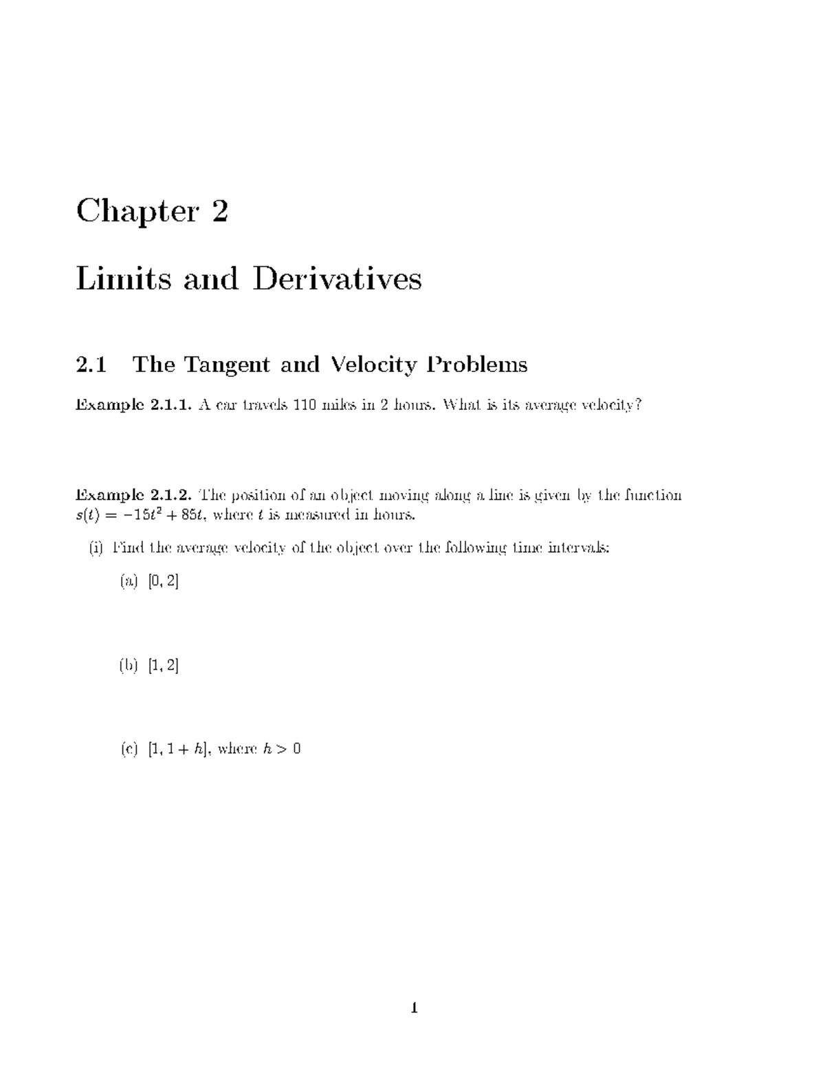 1171 partial lecture notes - Chapter 2 Limits and Derivatives 2 The ...