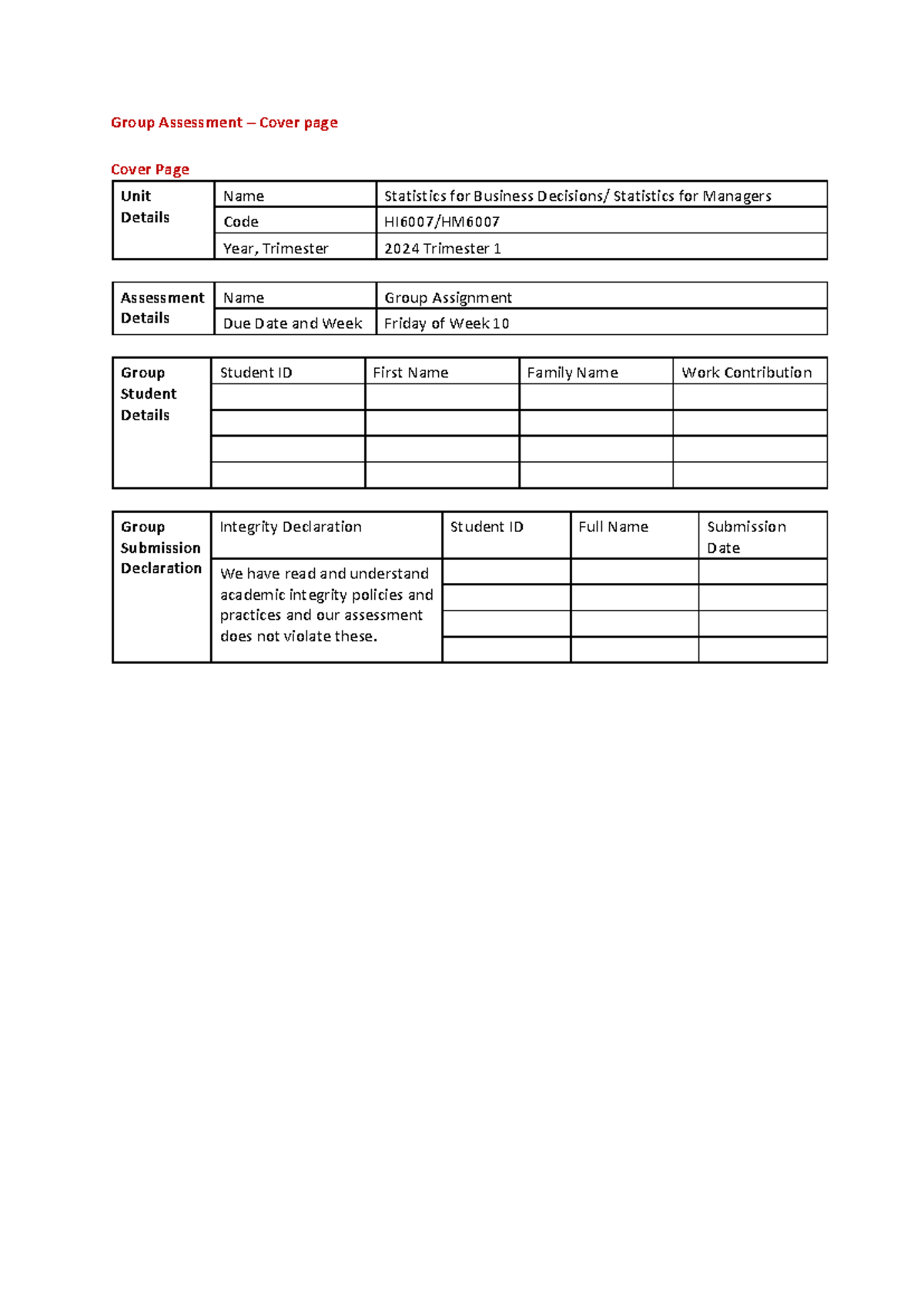 Aaaa - Group Assessment – Cover page Cover Page Unit Details Name ...