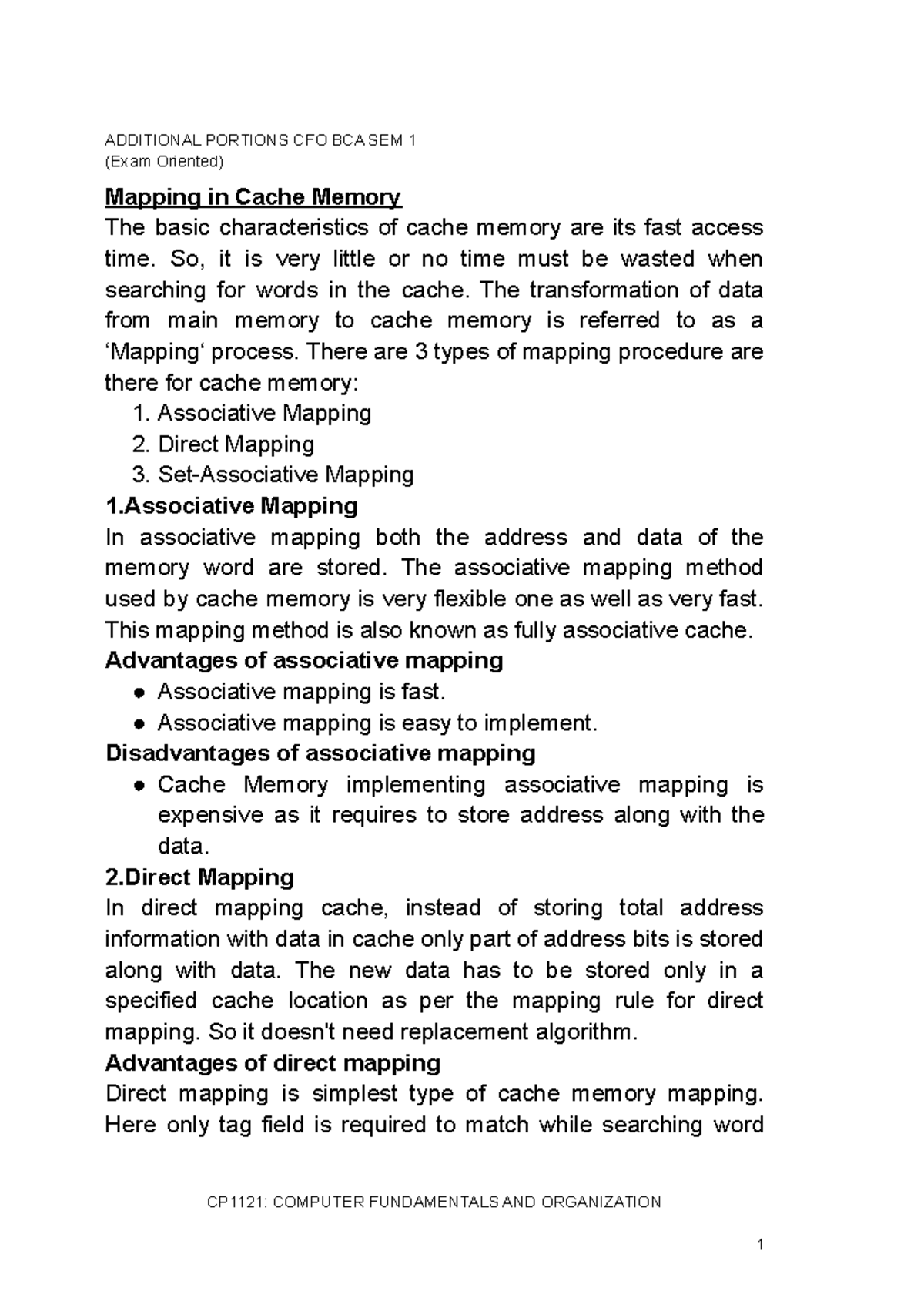 Module EOAP CFO SEM1 BCA - (Exam Oriented) Mapping in Cache Memory The basic characteristics of ...