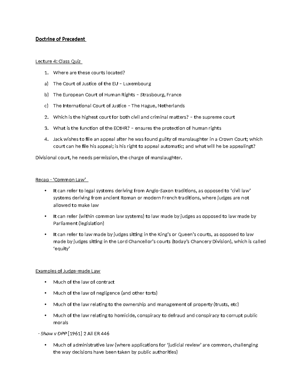 Doctrine of Precedent - Doctrine of Precedent Lecture 4: Class Quiz 1 ...