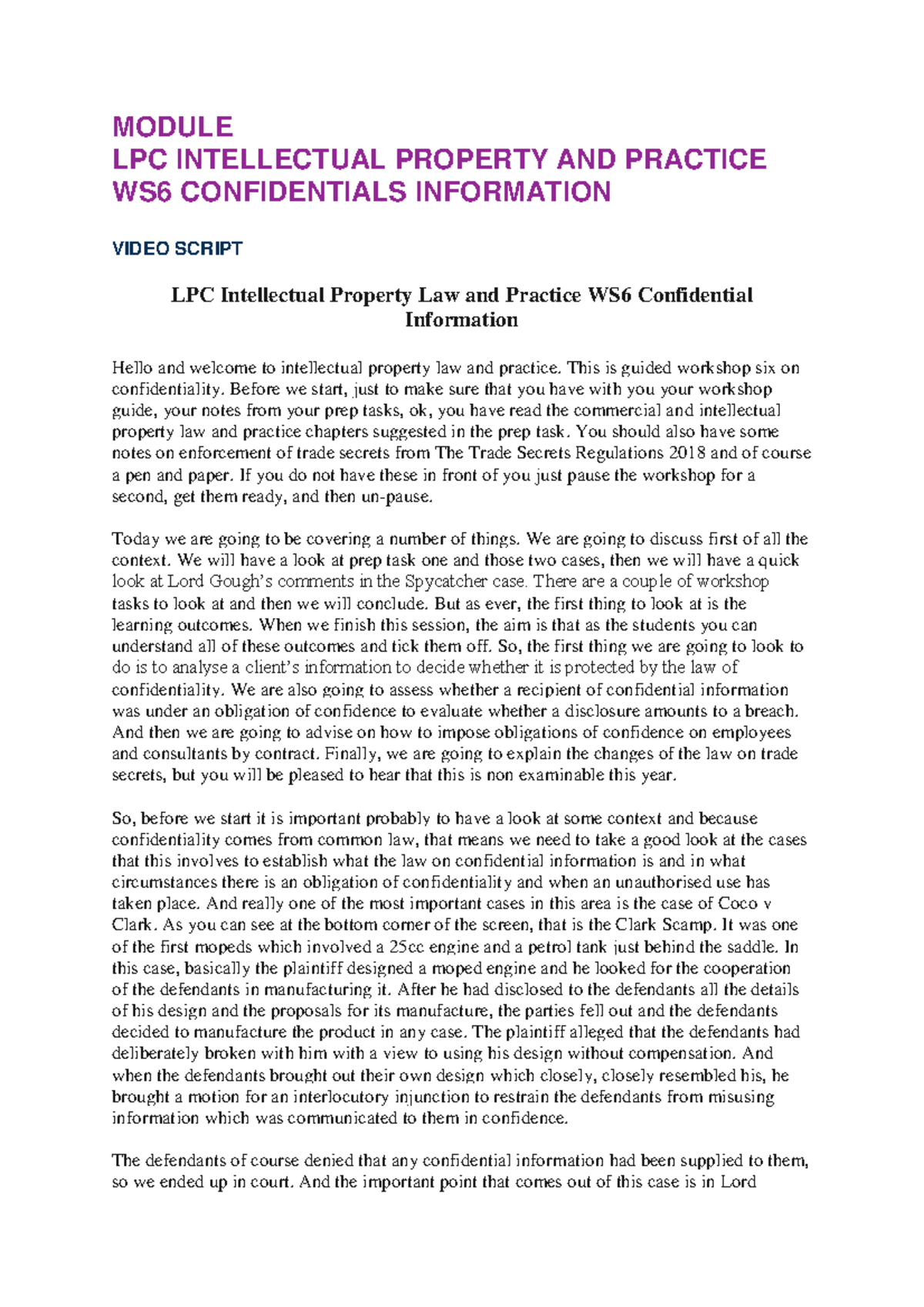 WS6 Transcript - MODULE LPC INTELLECTUAL PROPERTY AND PRACTICE WS6 CONFIDENTIALS INFORMATION ...