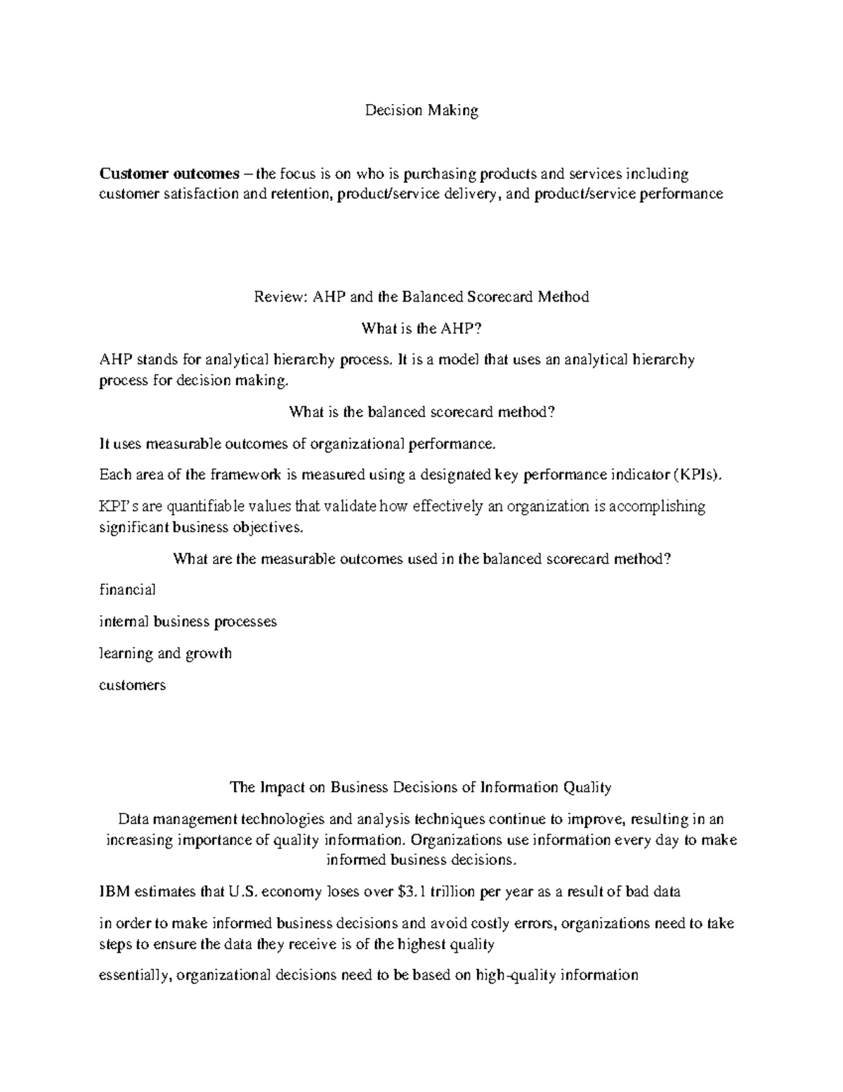 Info Systems Decision Making Chapter 15 Part 2 Decision Making Customer Outcomes The Focus