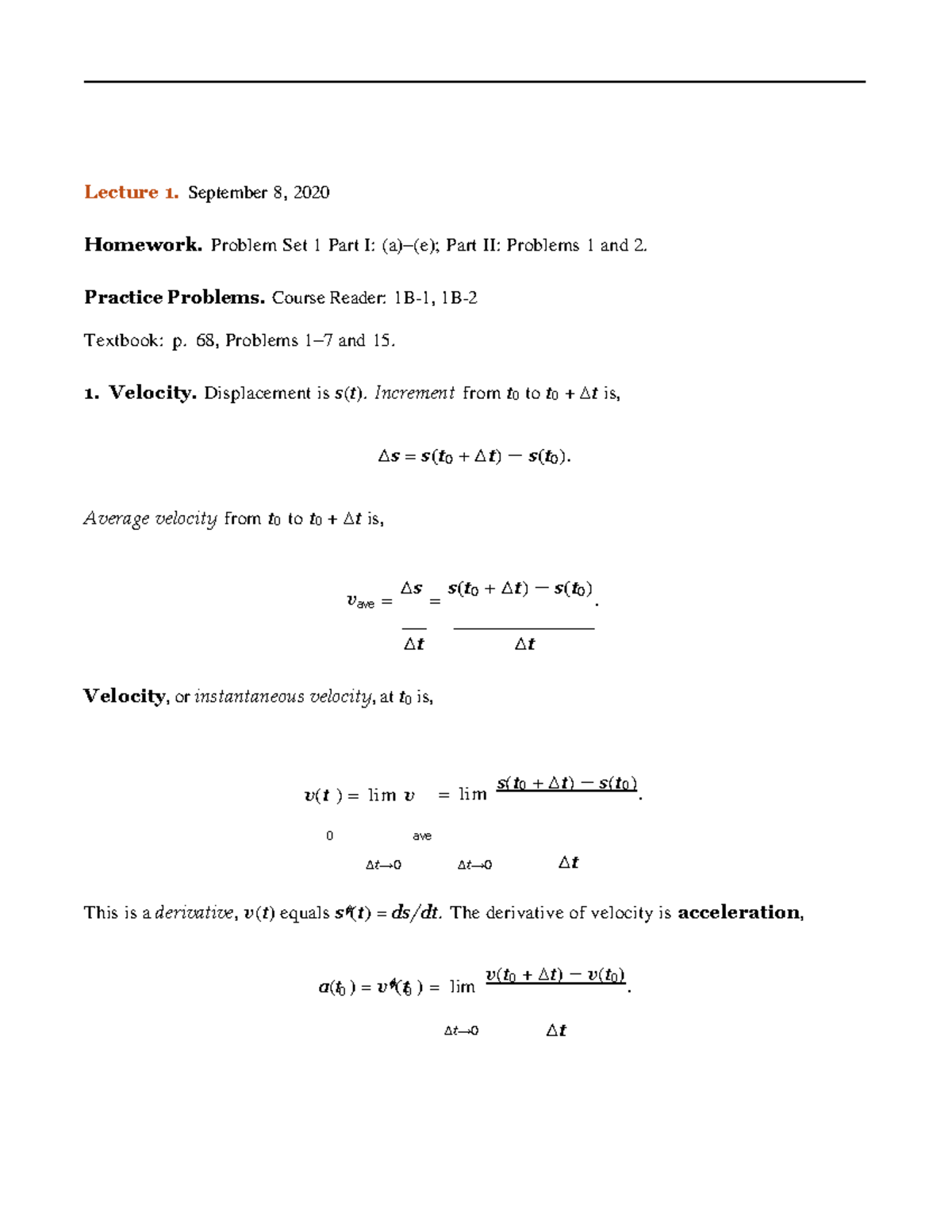 Velocity and Rates of Change - 0 0 Lecture 1. September 8, 2020 ...