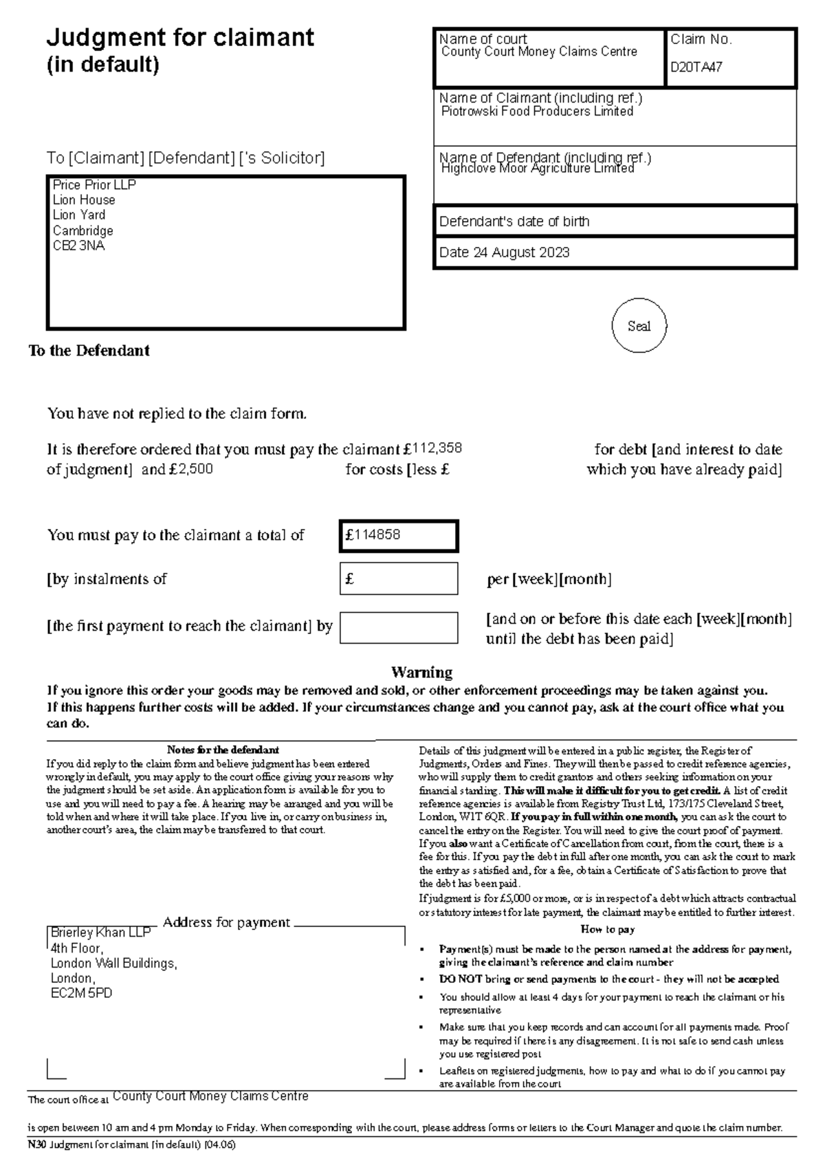WS5 Piotrowski judgment in default - Judgment for claimant (in default ...