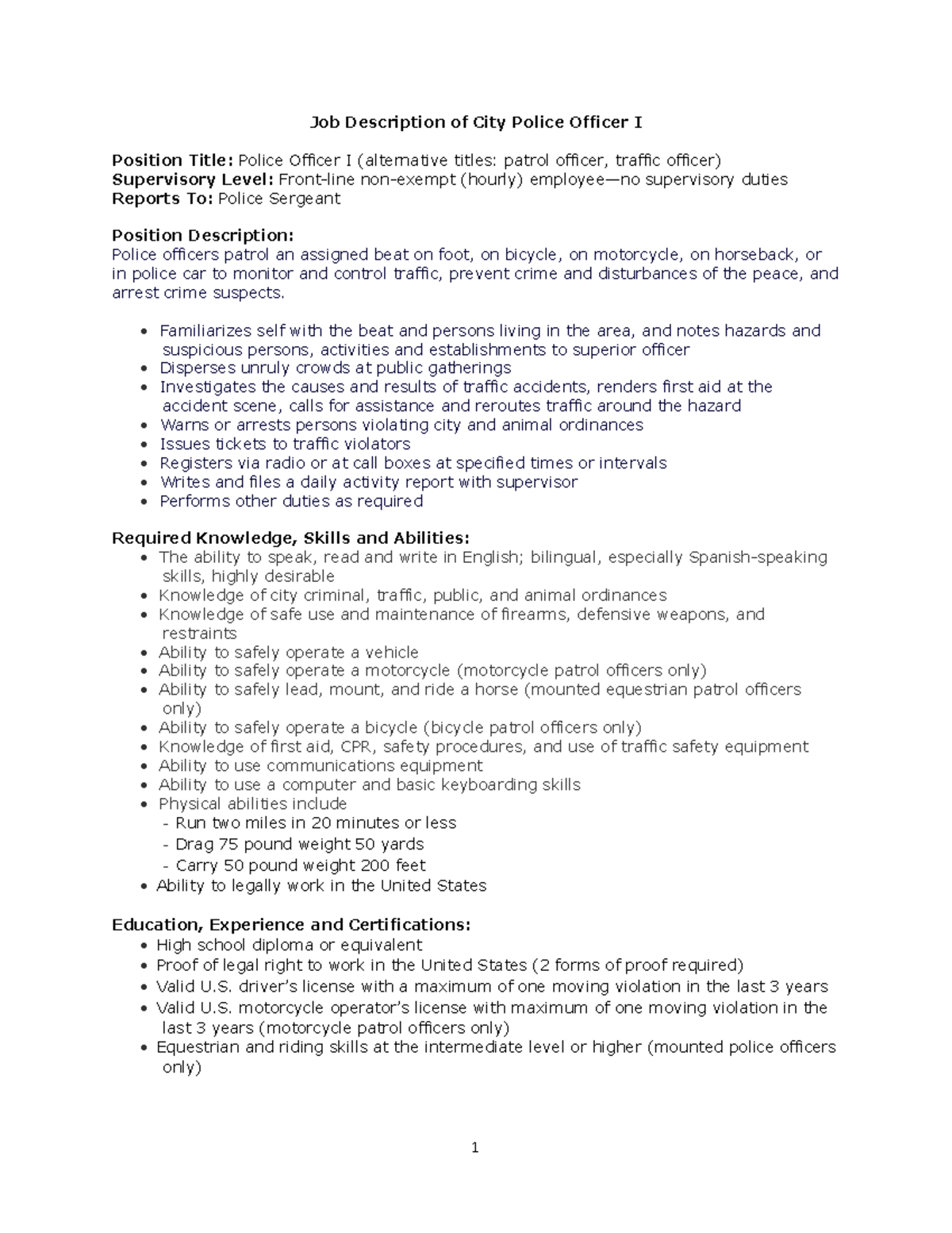 Job Description of City Police Officers - Familiarizes self with the ...