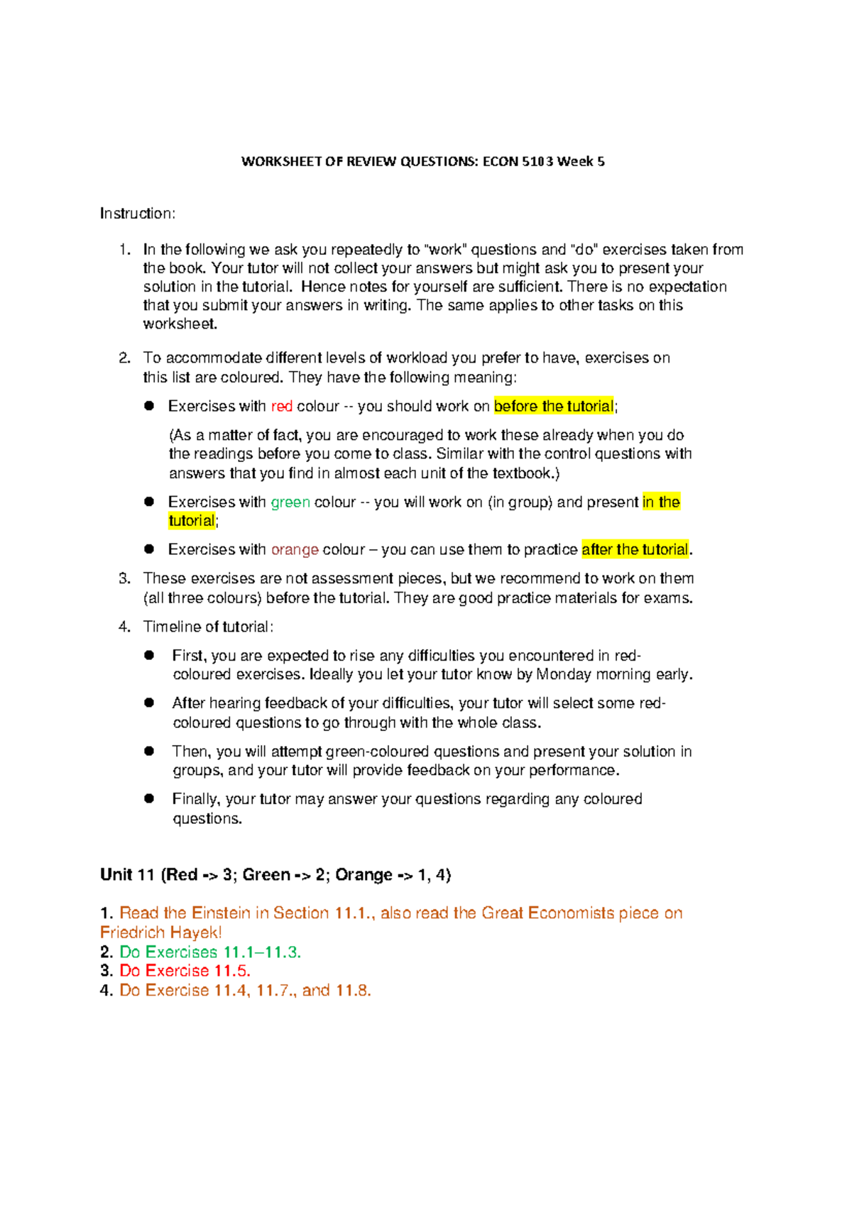 Worksheet week 5 - WORKSHEET OF REVIEW QUESTIONS: ECON 5103 Week 5 ...