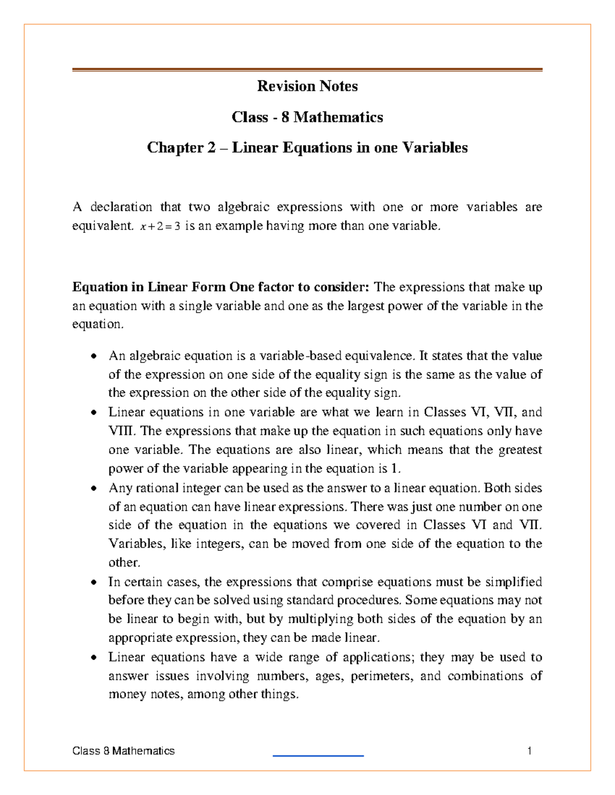 Class 8 Maths Chapter 2 Revision Notes - Class 8 Mathematics 1 Revision ...