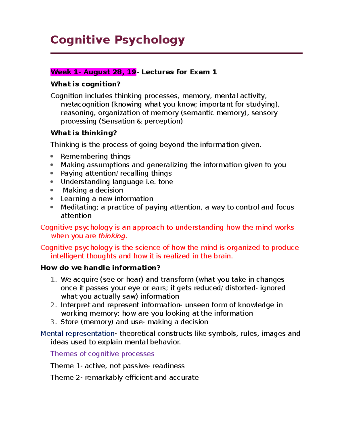 Cognitive Psychology Notes - Cognitive Psychology Week 1- August 28, 19 ...