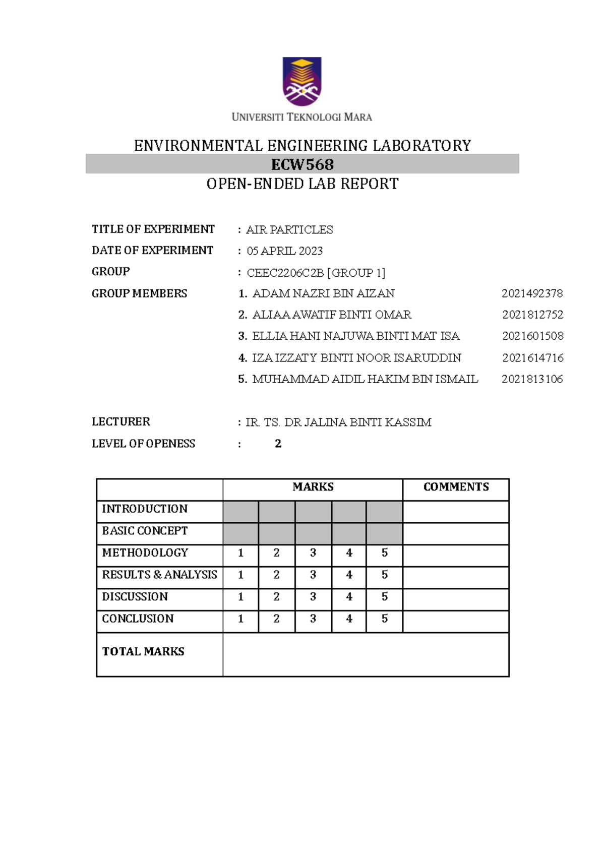 Group 1 6C2B AIR Particles - ENVIRONMENTAL ENGINEERING LABORATORY ECW ...