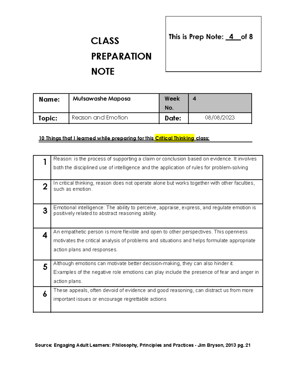 Prep Note Master S21(1) - CLASS PREPARATION NOTE Name: Mutsawashe ...