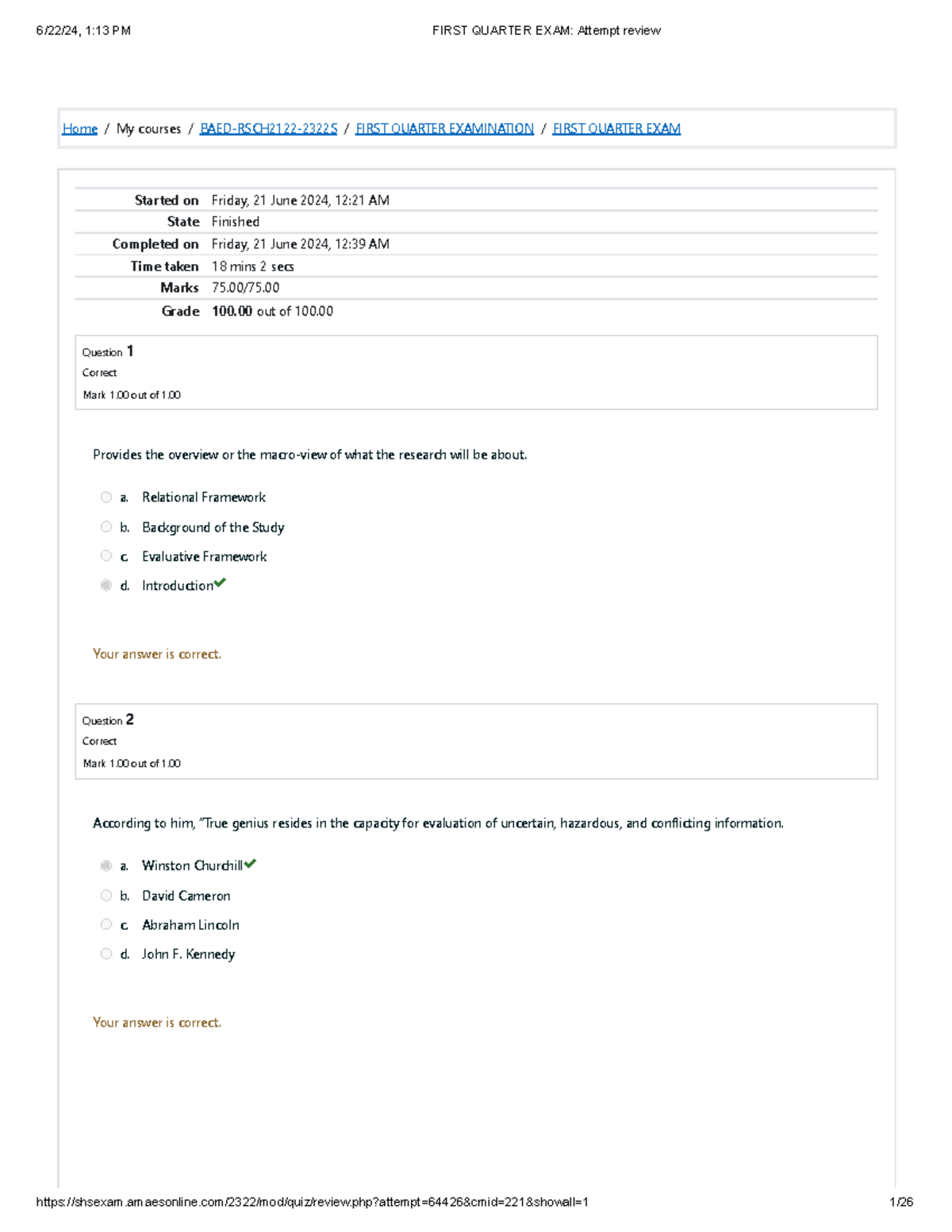First Quarter EXAM Attempt review 3 - Home / My courses / BAED-RSCH2122 ...