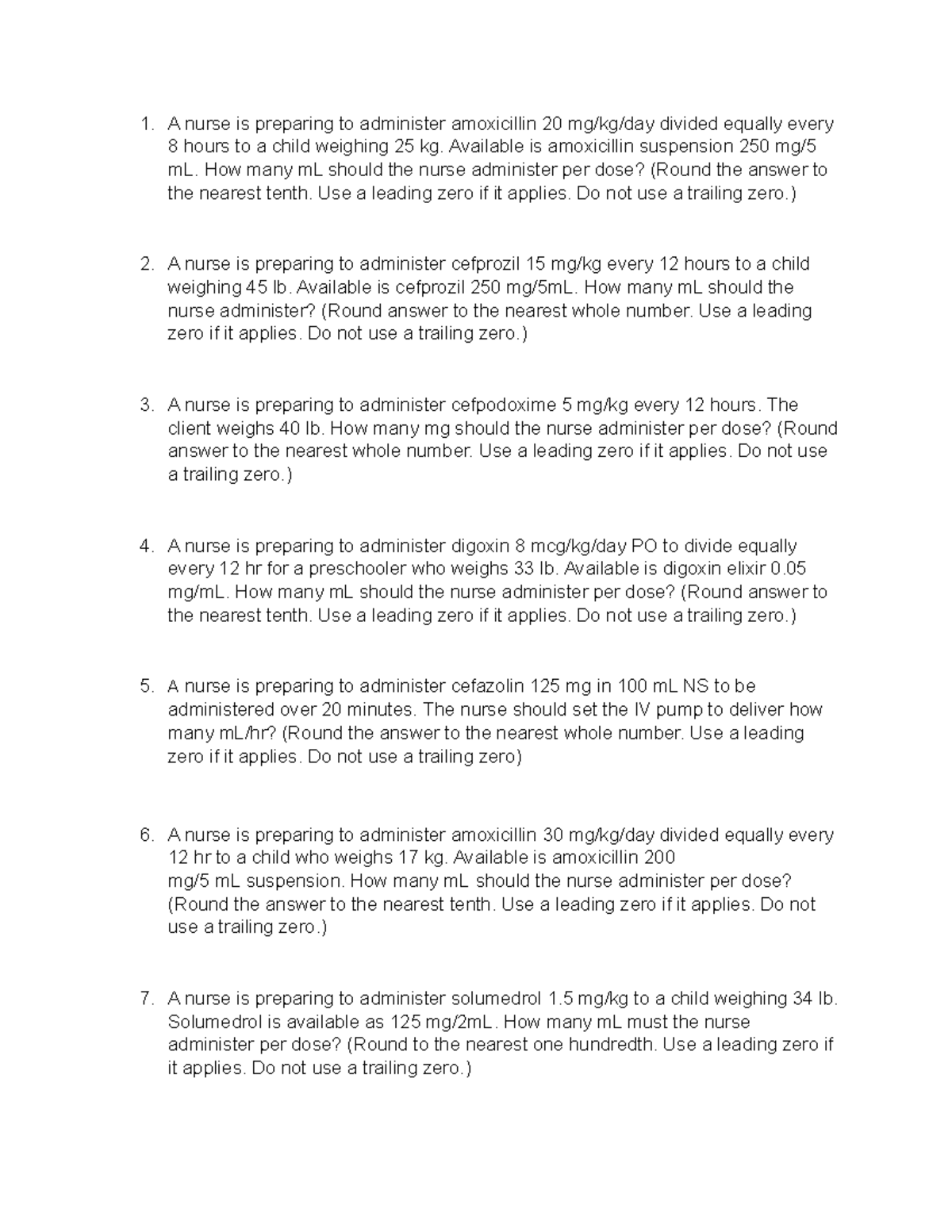 Pediatric Dosage Calculations practice(1) - NUR1211 - Studocu