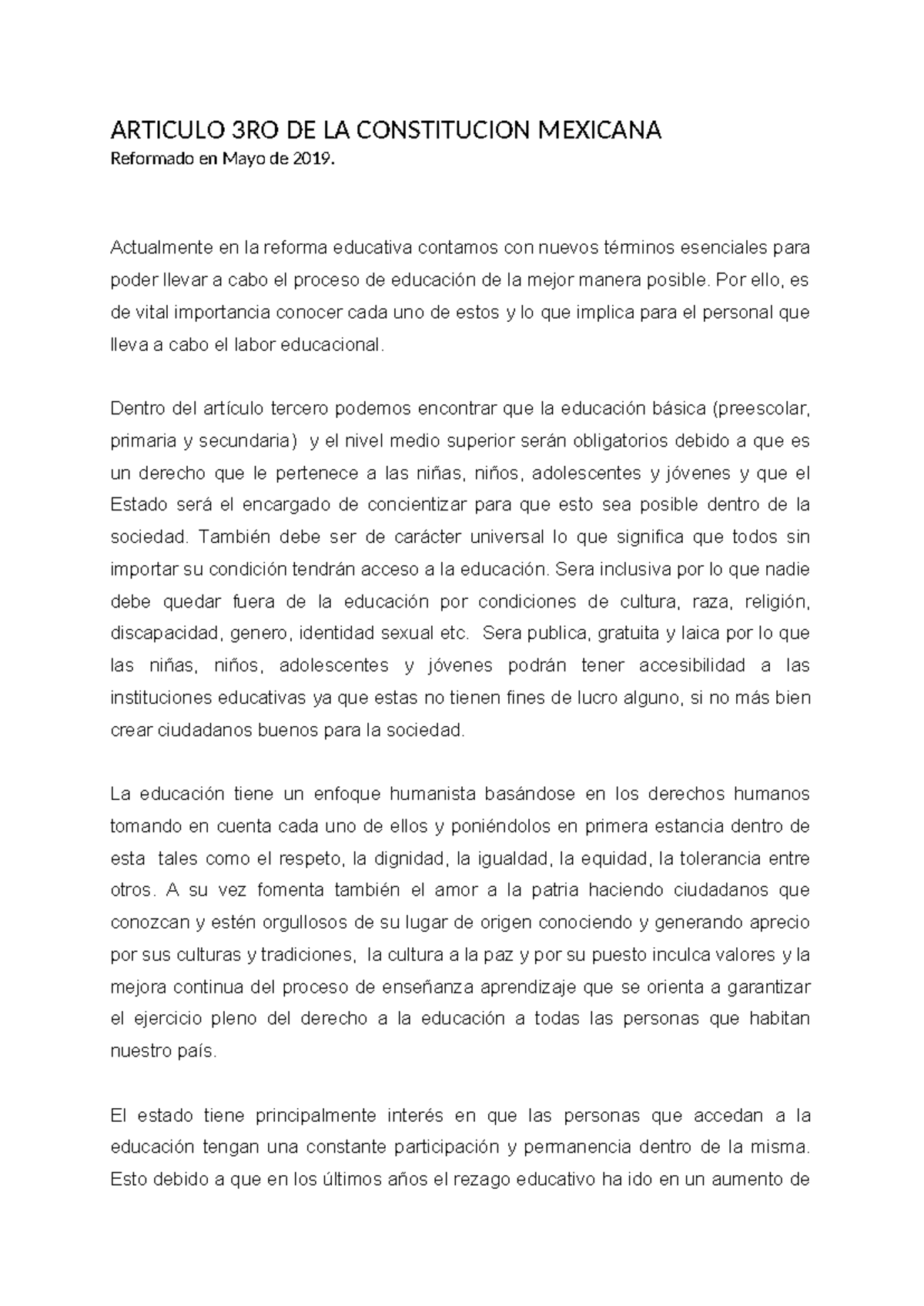 Articulo 3RO DE LA Constitucion Méxicana - ARTICULO 3RO DE LA CONSTITUCION MEXICANA Reformado en ...