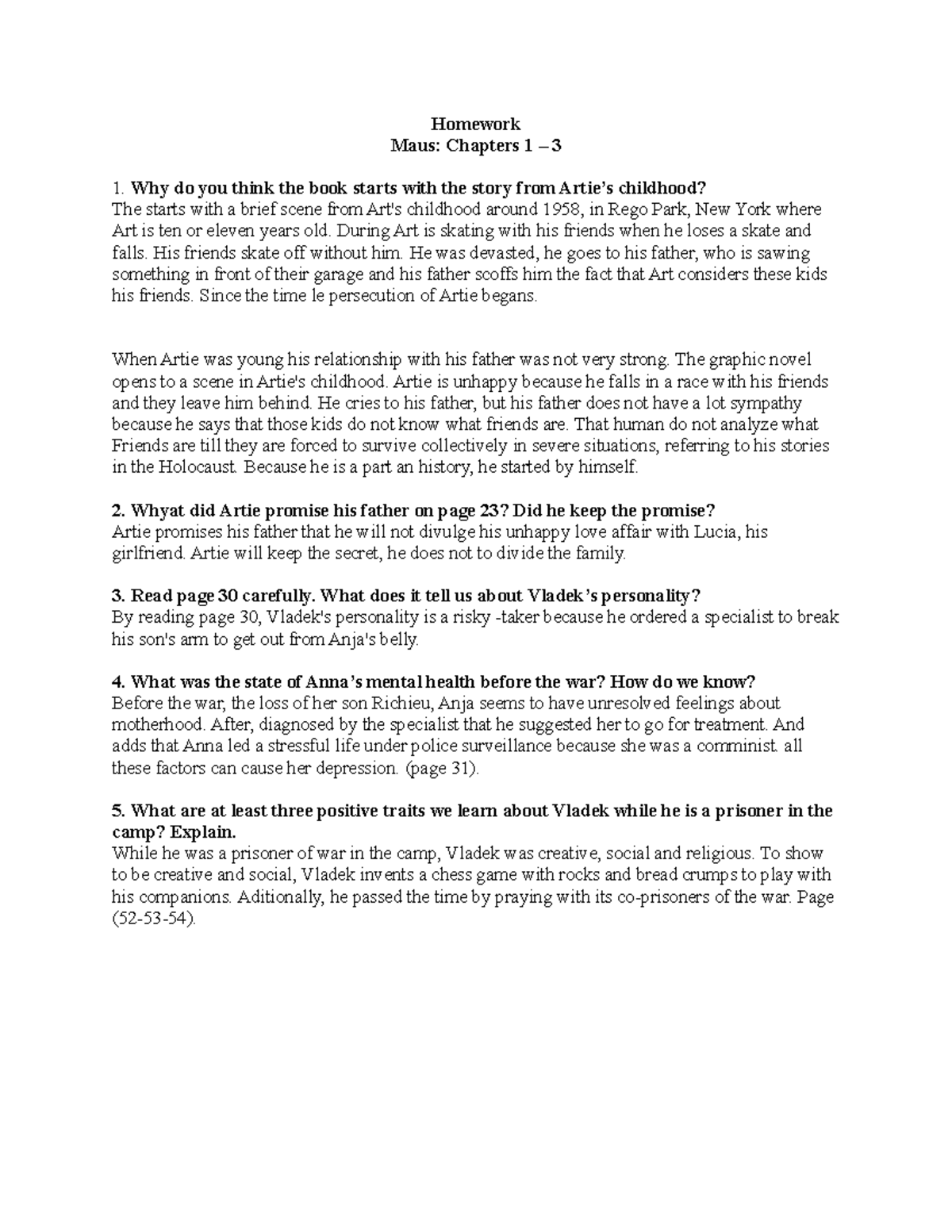 Maus (Part 1) Homework - Example of questions on the novel Maus ...