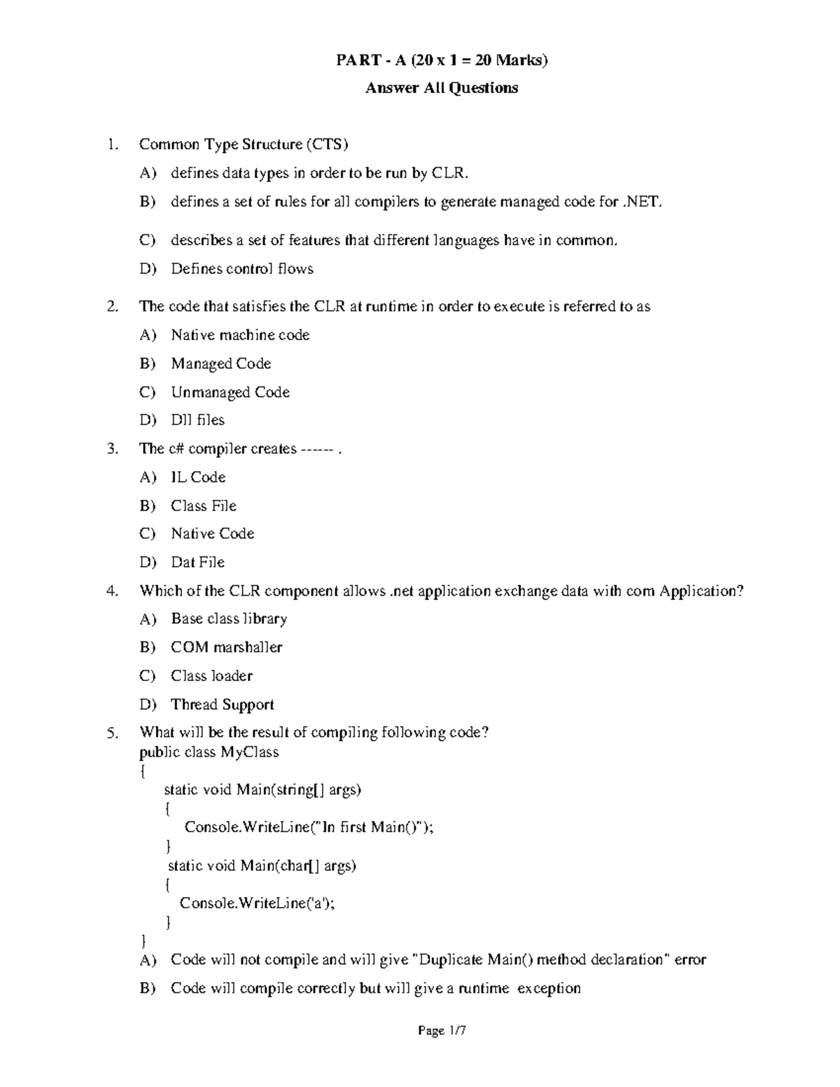 Model QP - PART - A (20 x 1 = 20 Marks) Answer All Questions 1. Common ...