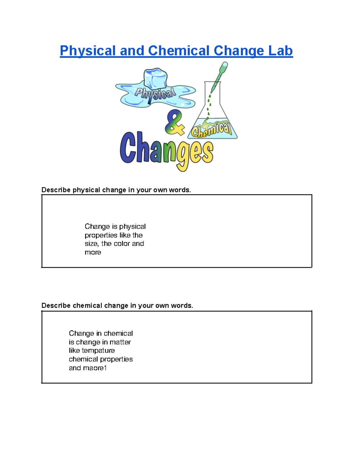 Physical and Chemical Change Lab - Physical and Chemical Change Lab ...