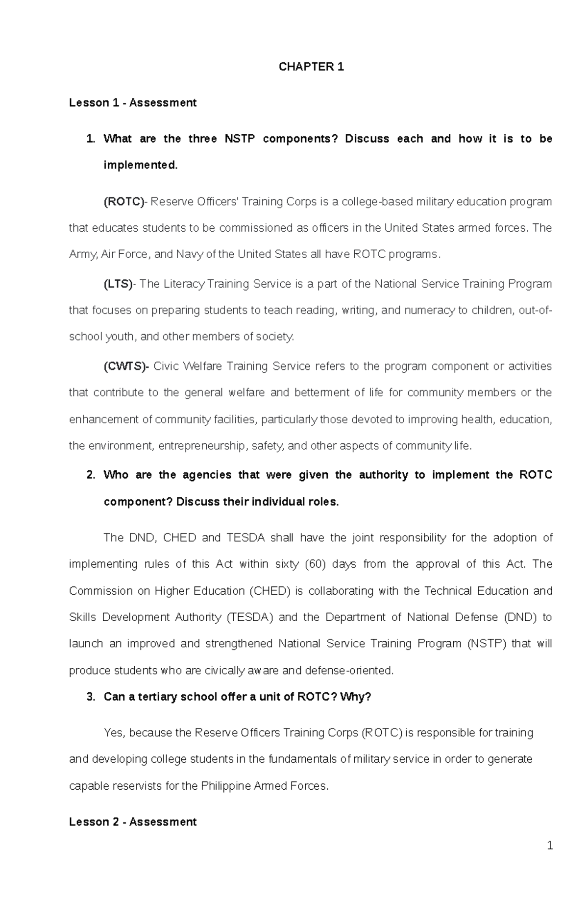 NSTP Final - CHAPTER 1 Lesson 1 - Assessment 1. What are the three NSTP ...
