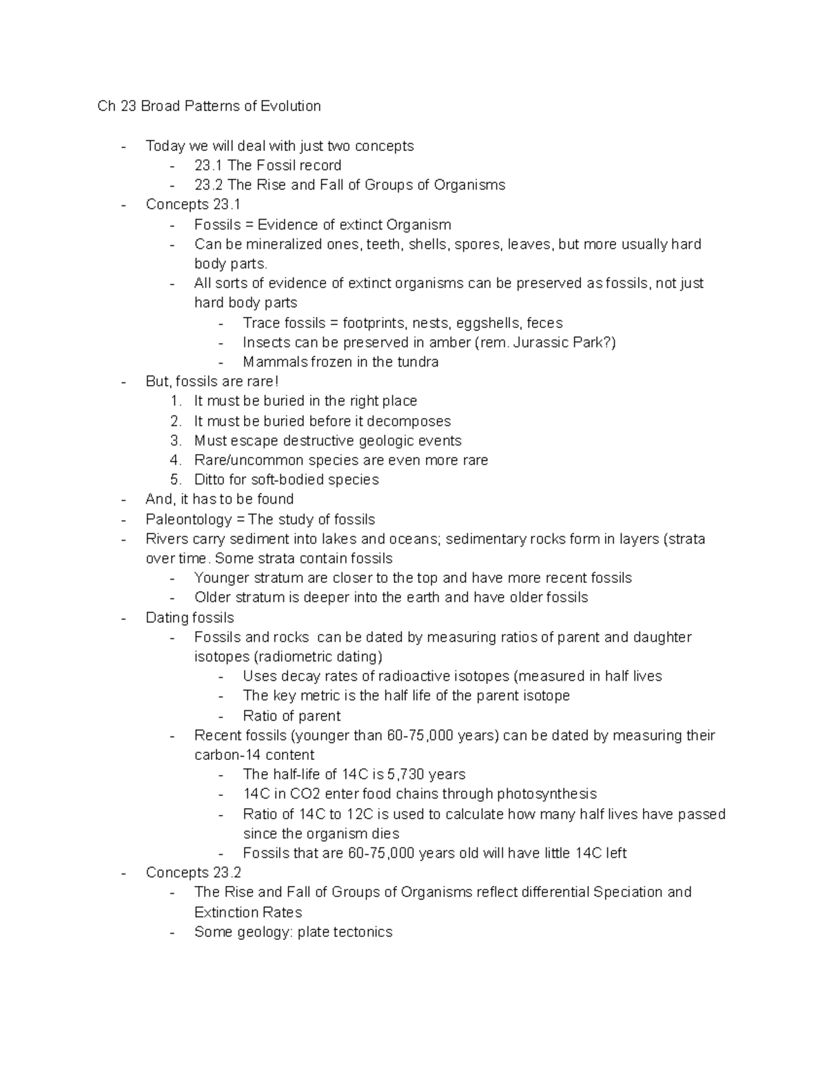Biology 1150 Class Notes - Ch 23 Broad Patterns of Evolution Today we ...
