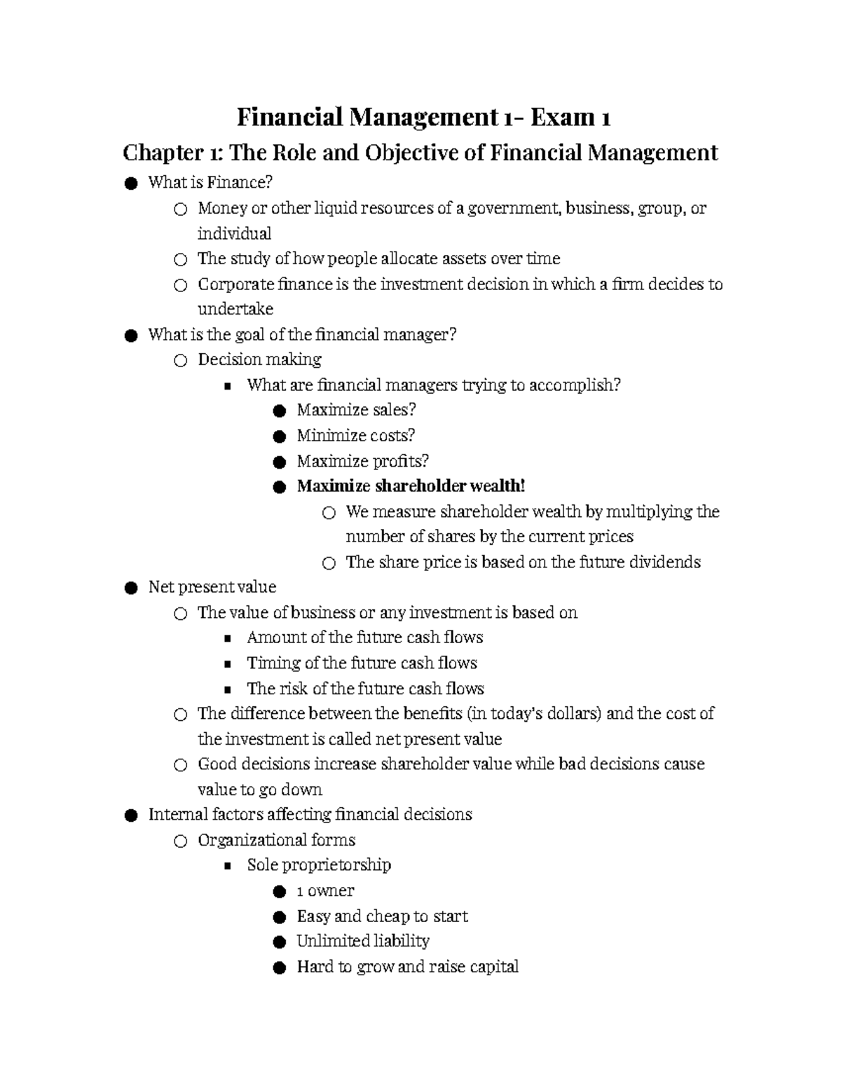 Financial Management 1 Exam 1 - Financial Management 1- Exam 1 Chapter ...
