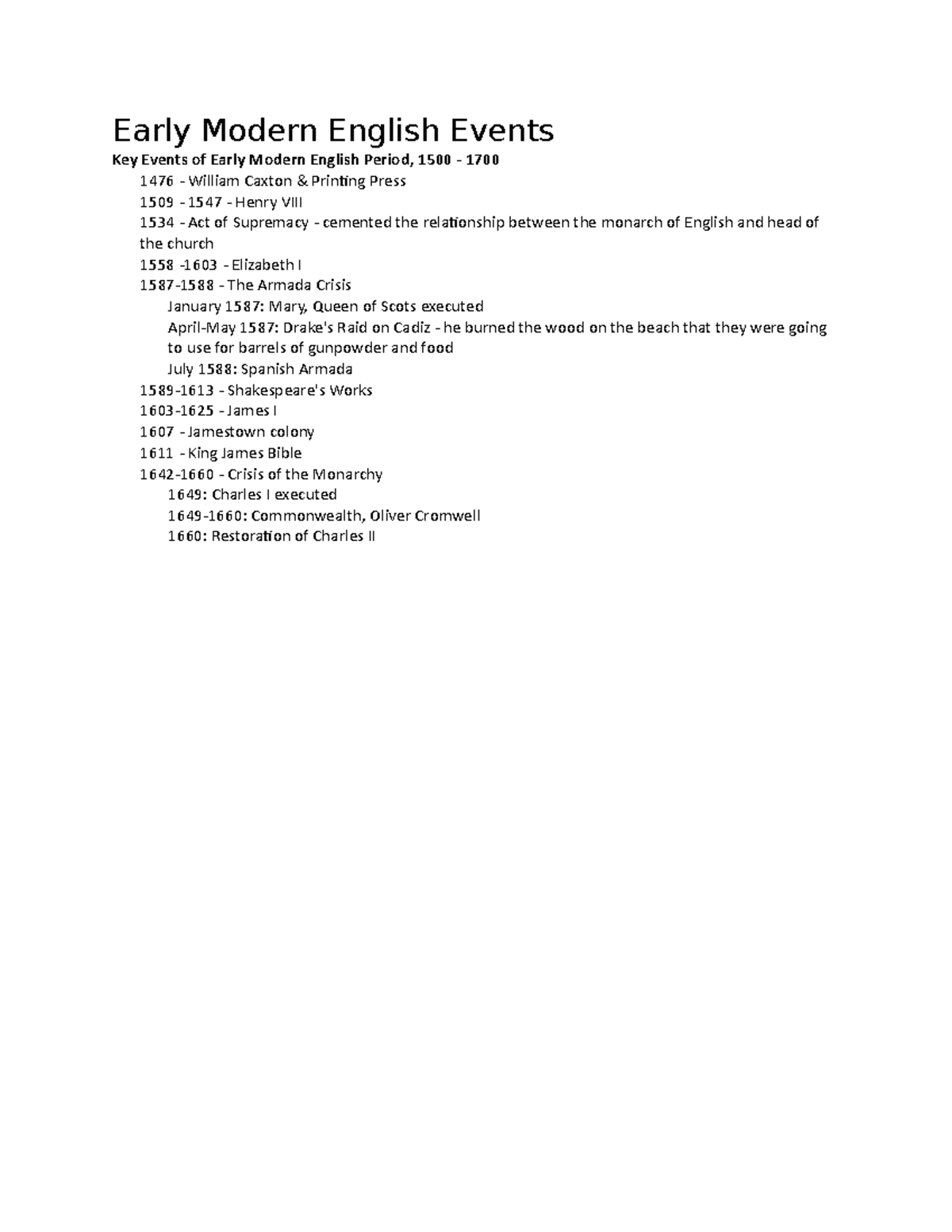 History of English Notes 23 - Early Modern English Events Key Events of ...