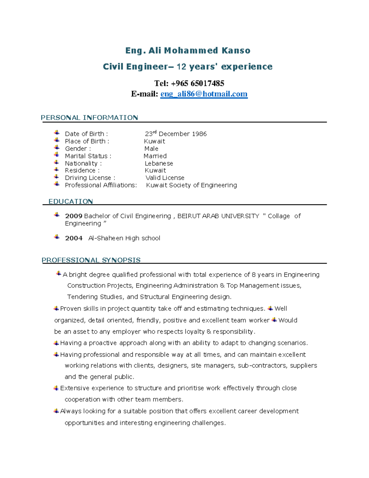 Eng. Ali Kansou CV - mba candidate - Eng. Ali Mohammed Kanso Civil ...