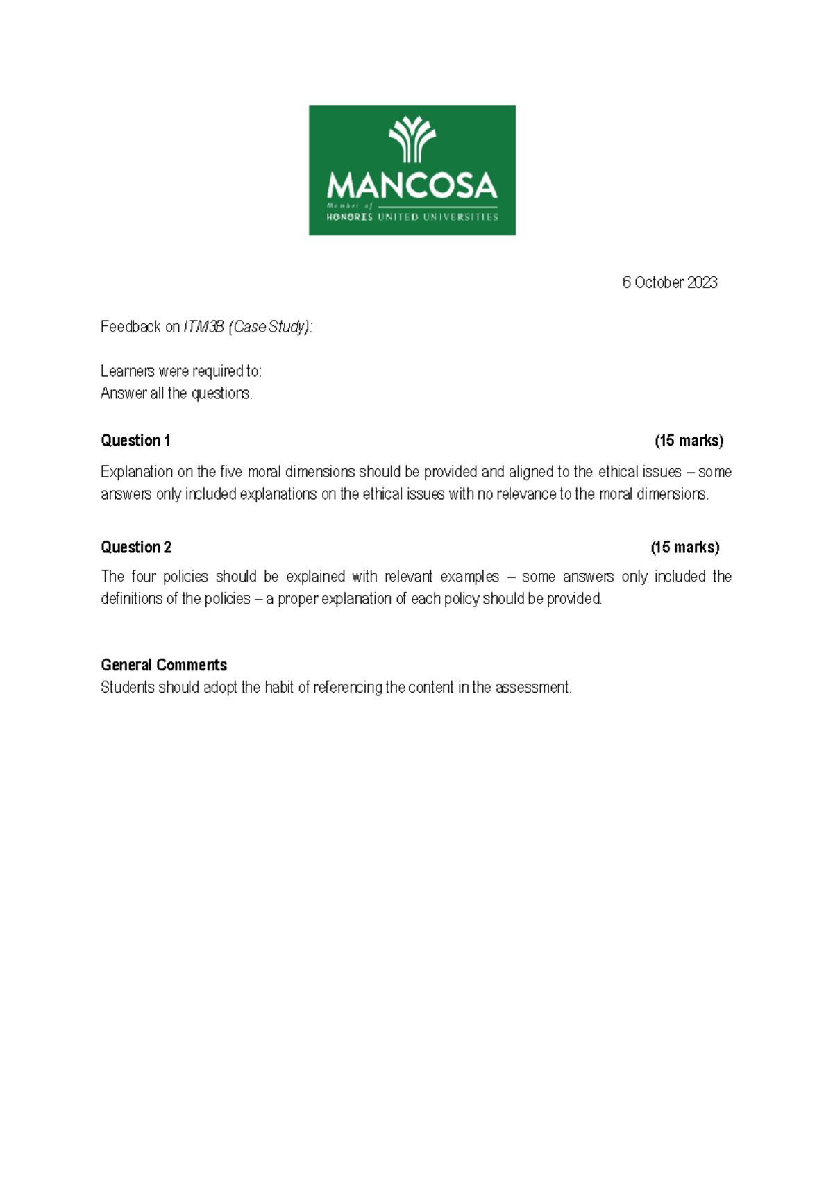 Feedback Document Information Technology Management 3B - Case Study ...