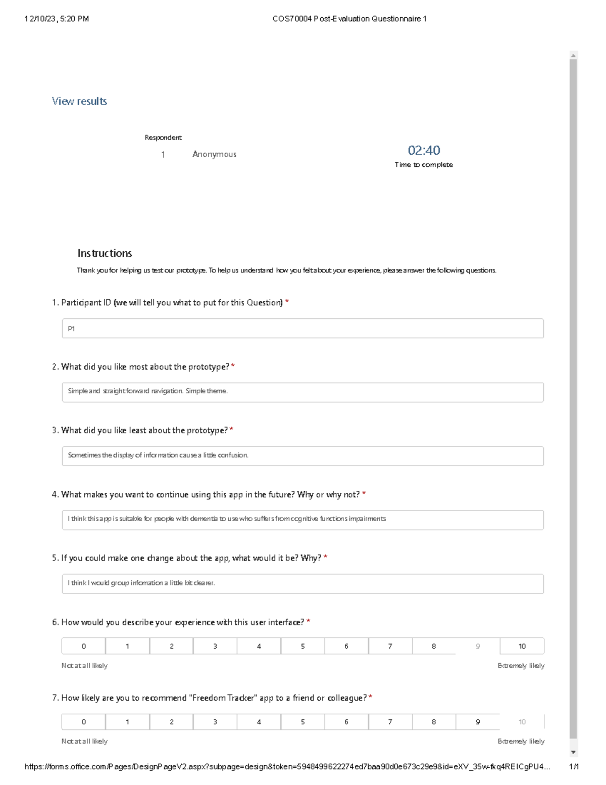Post-Evaluation Questionnaire 1-P1 - 12/10/23, 5:20 PM COS70004 Post ...