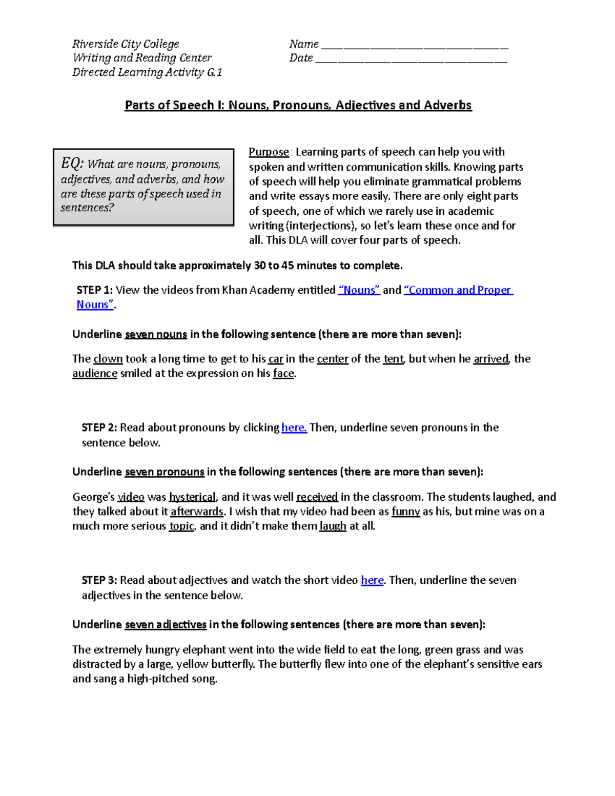 G 1 Parts of Speech Part I a - Riverside City College Name - Studocu