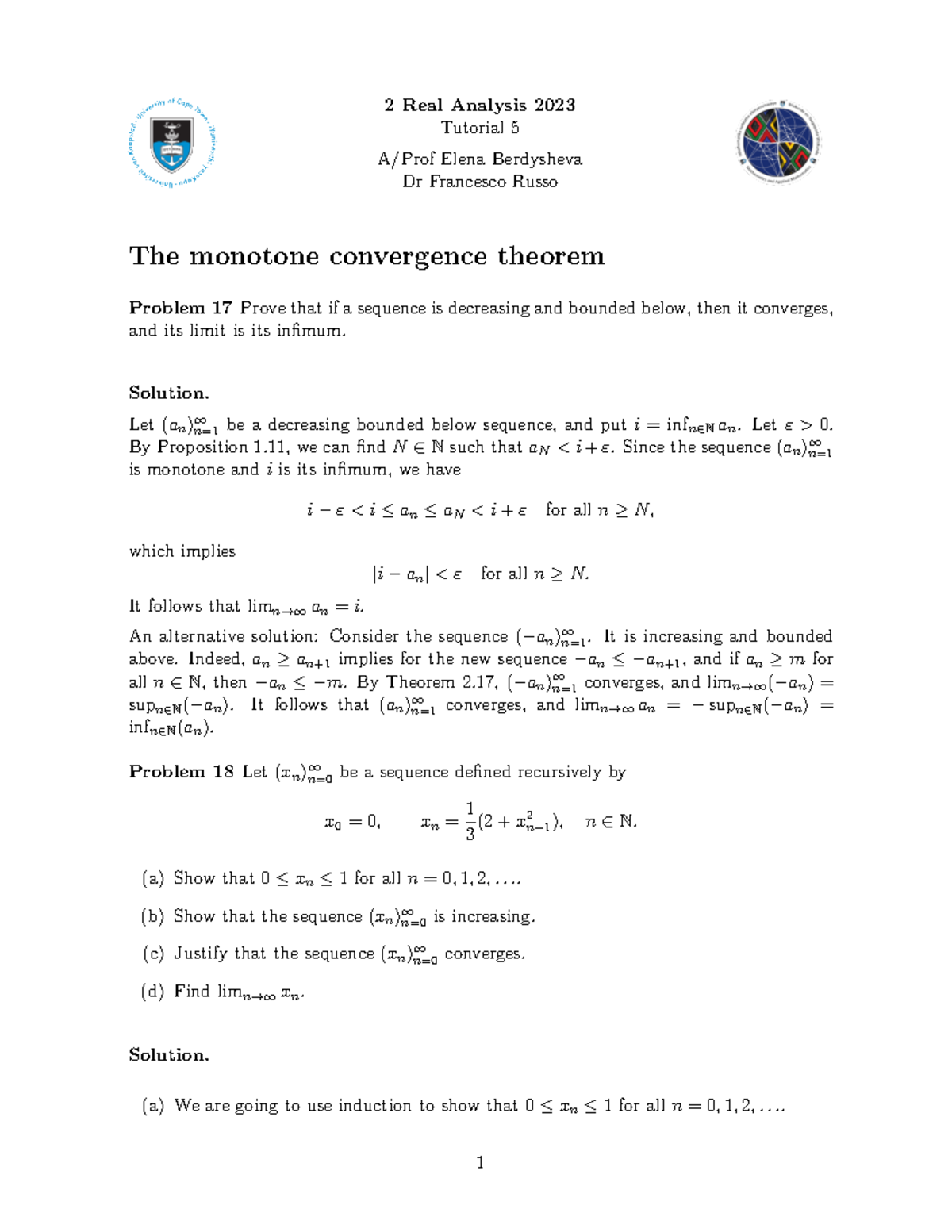Real analysis tut5 solution - 2 Real Analysis 2023 Tutorial 5 A/Prof Elena Berdysheva Dr ...