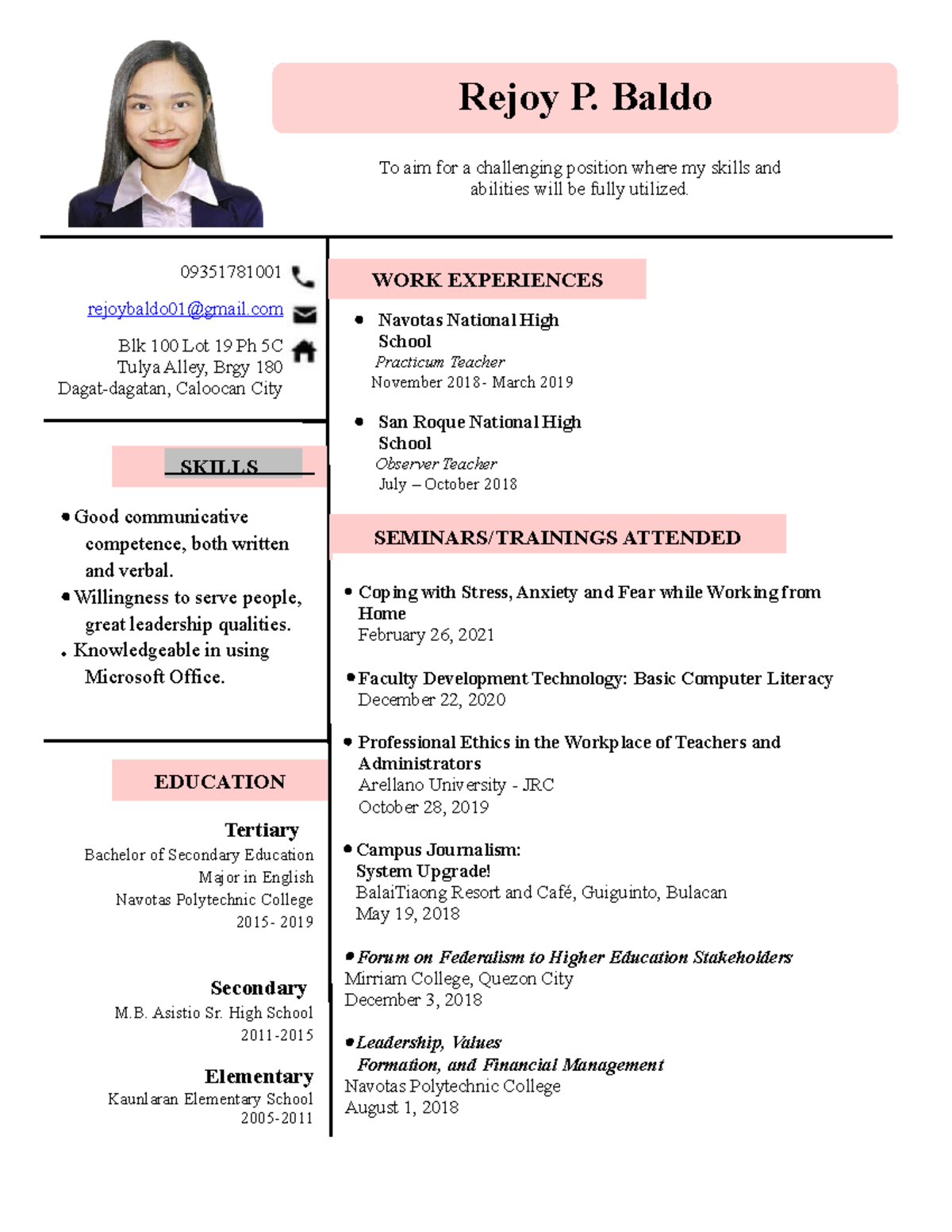 Sample Resume Rejoy Baldo - Rejoy P. Baldo WORK EXPERIENCES 09351781001 ...