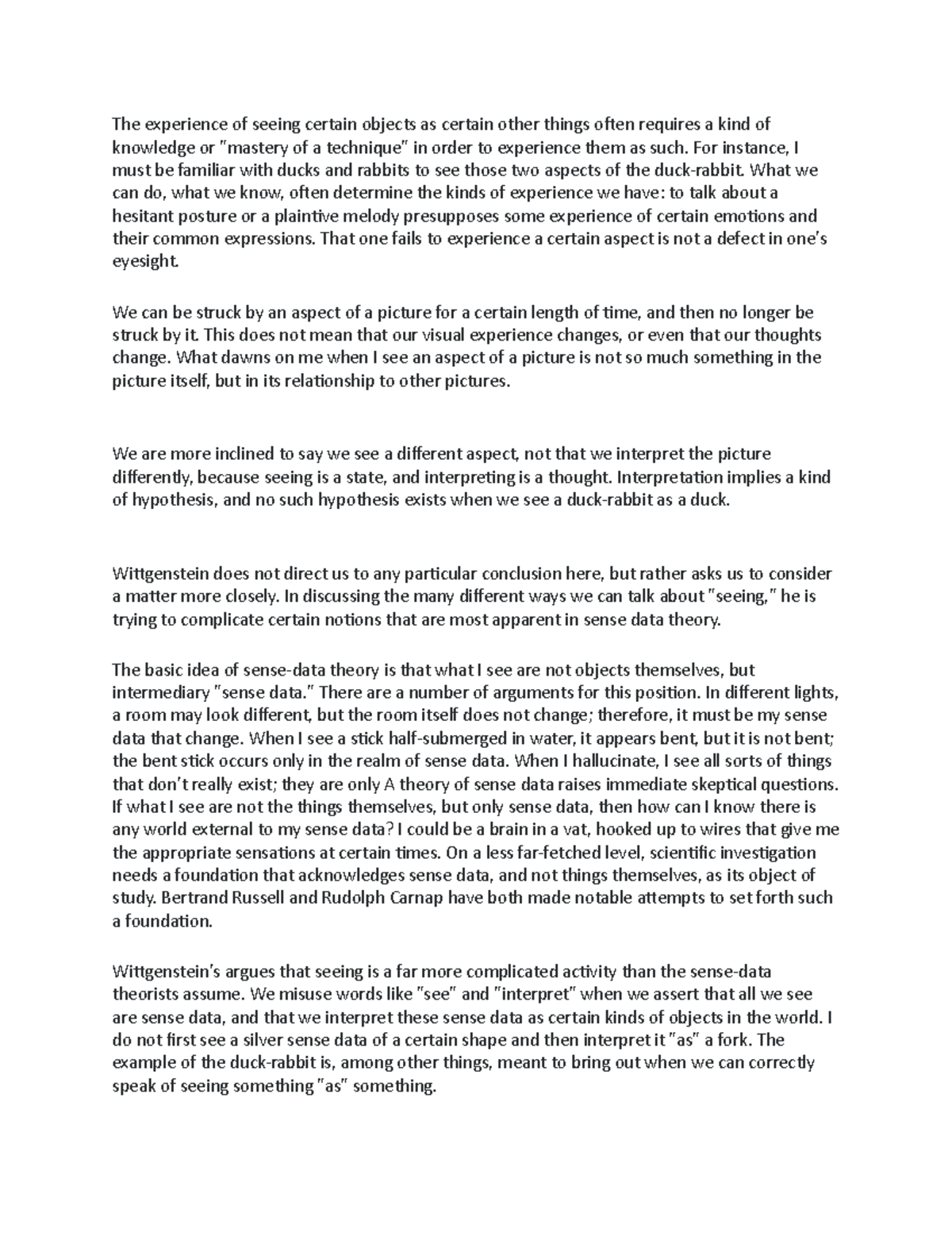 Philosophy 382 - Lecture Notes - The experience of seeing certain ...