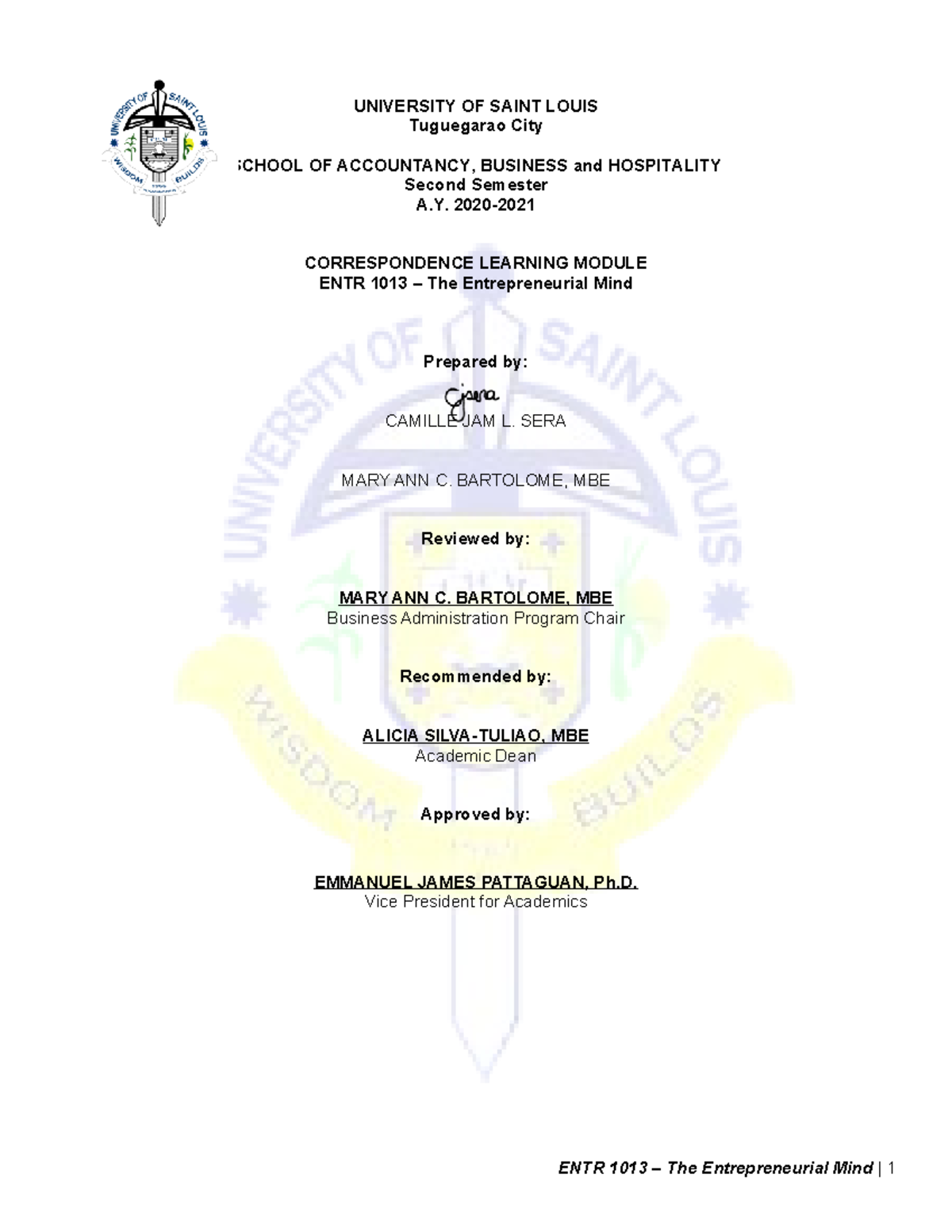 ENTR 1013 WEEK 11 Module - UNIVERSITY OF SAINT LOUIS Tuguegarao City ...