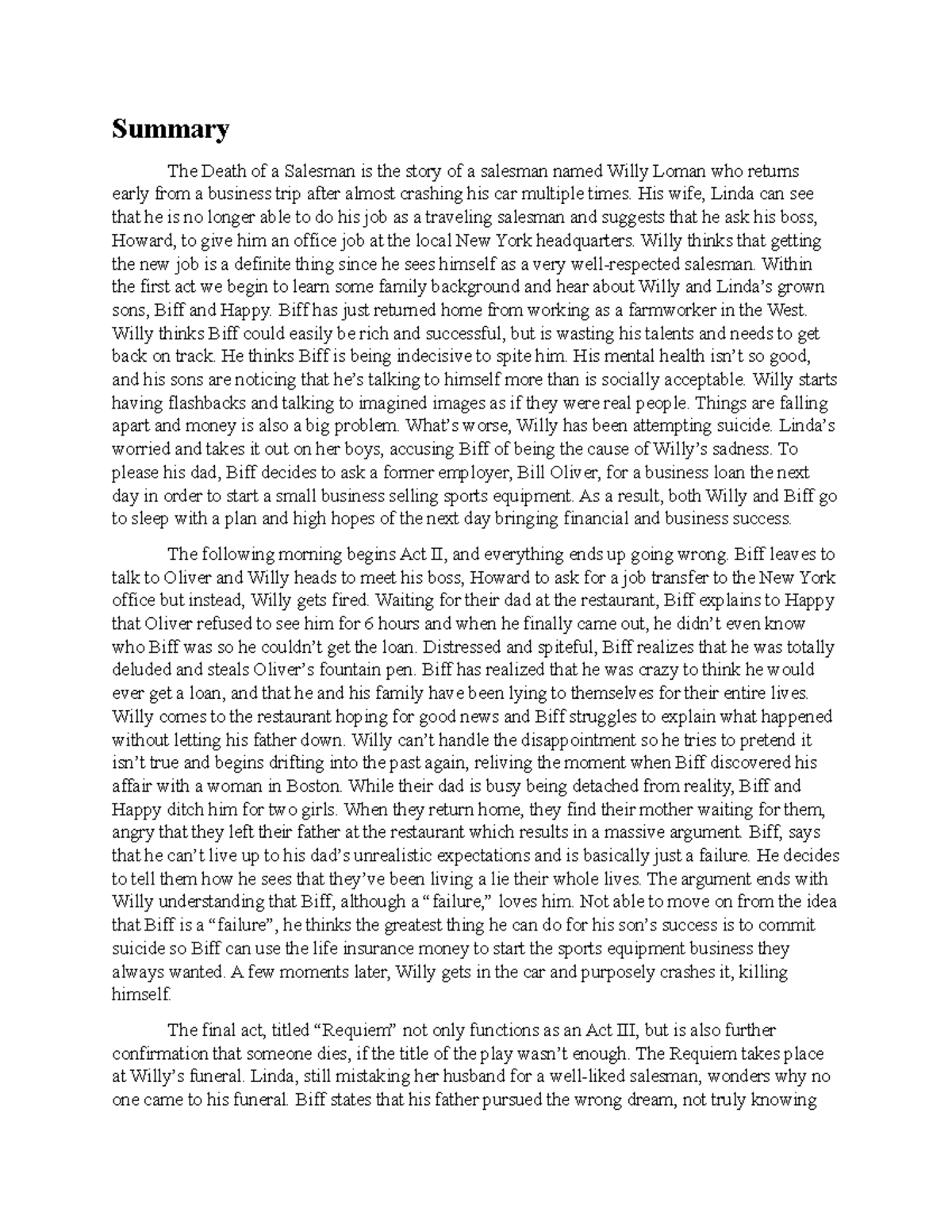 Final Paper - Death of a Salesman - Summary The Death of a Salesman is ...
