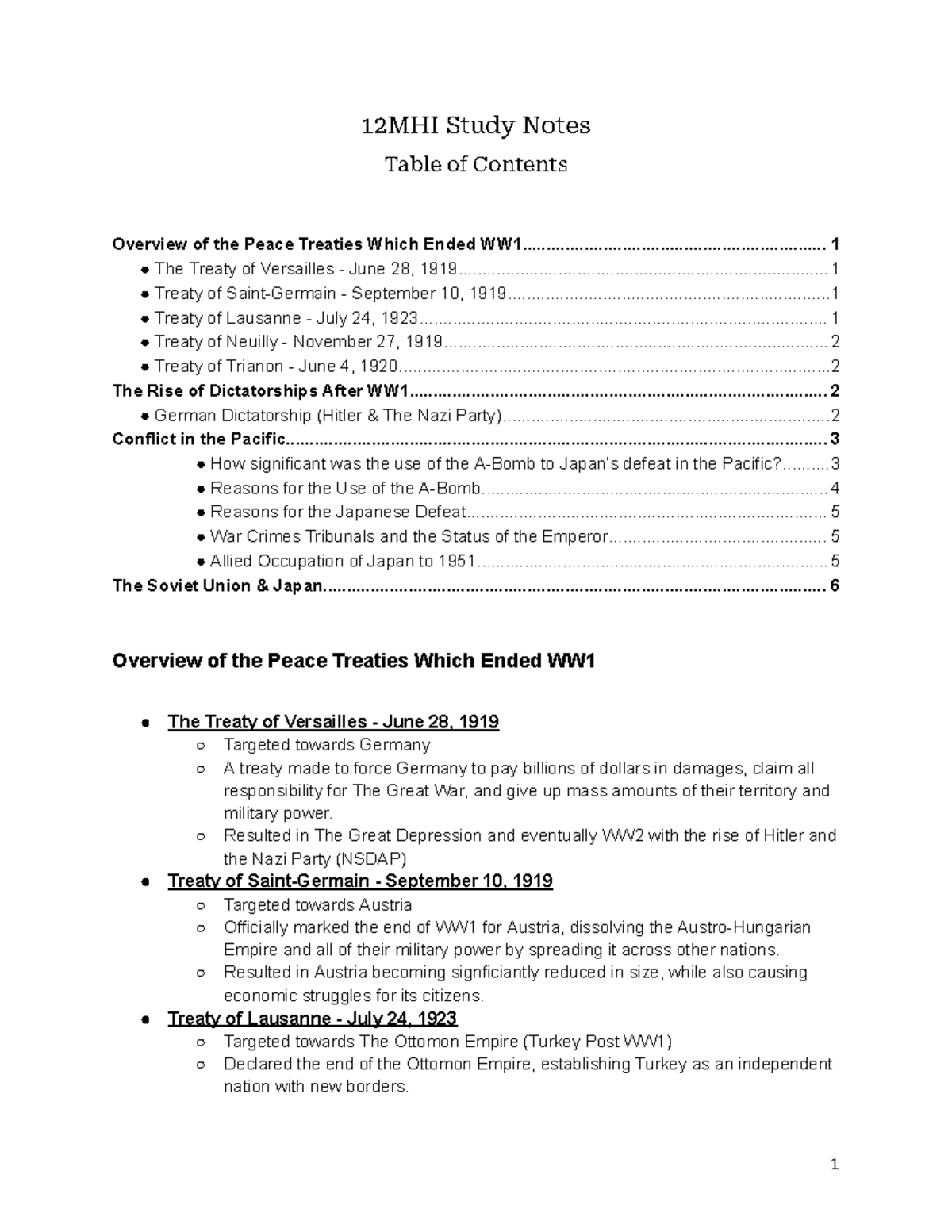 Modern History Study Notes - 12MHI Study Notes Table of Contents ...