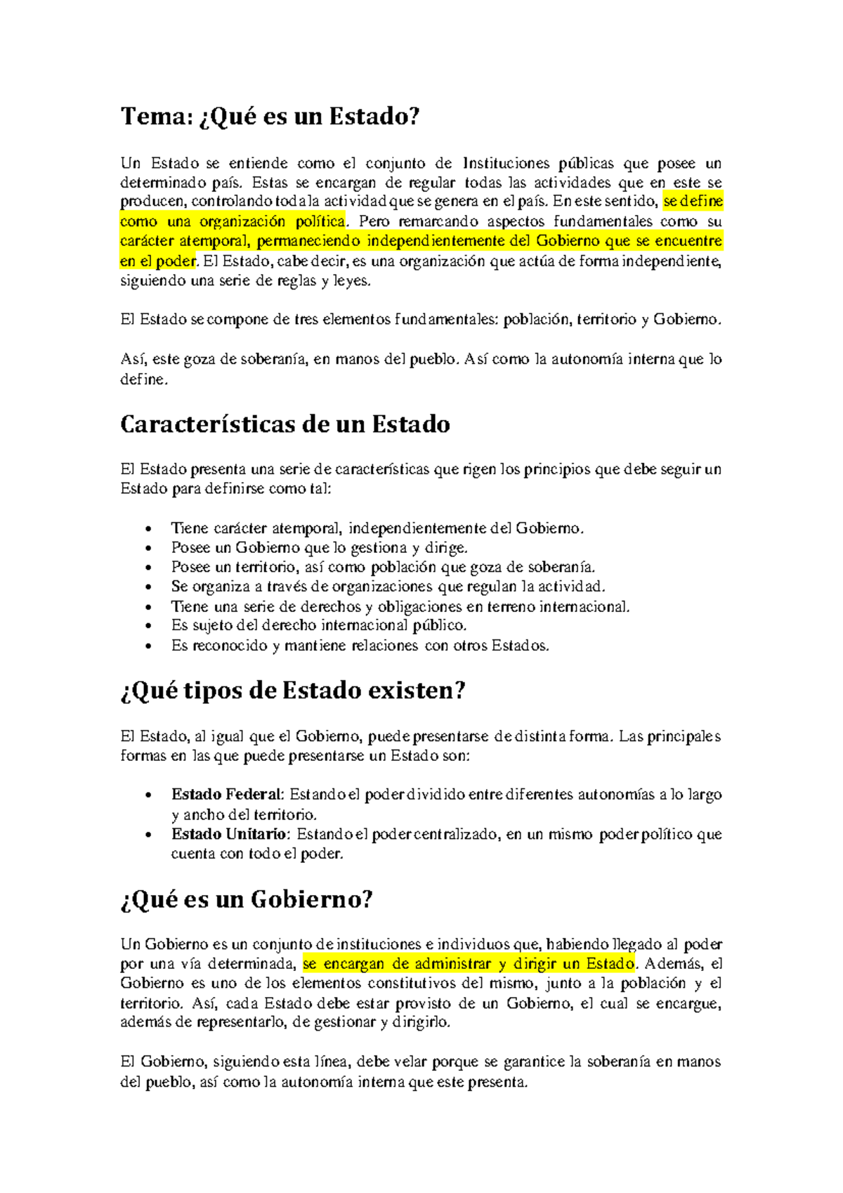 Tema 6 EL Estado Y Gobierno - Tema: ¿Qué es un Estado? Un Estado se ...