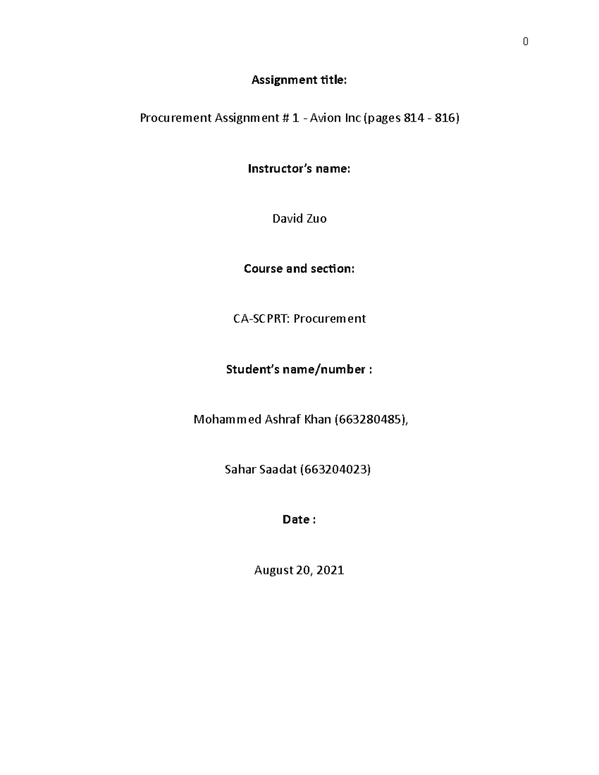 Procurement Assignment 1 - Avion Inc (pages 814 - 816) - Assignment ...