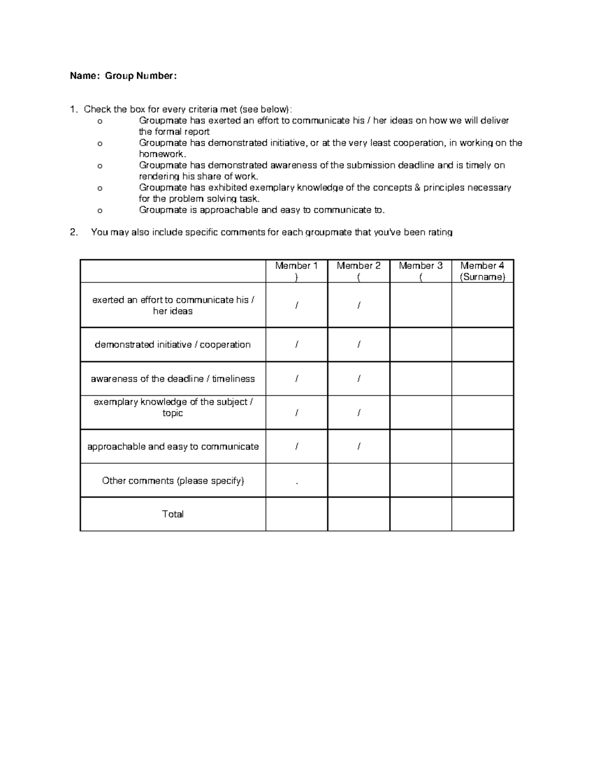 Module 1 Peer rating guidelines - Name: Group Number: Check the box for ...