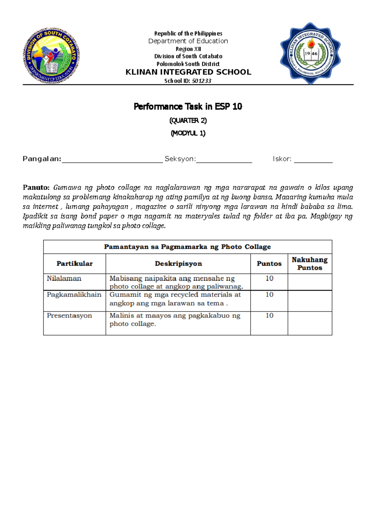 ESP10 - ESP Performance Task - Department of Education Region XII Division of South Cotabato ...