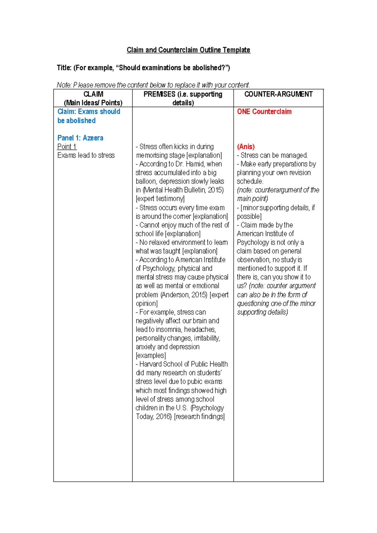 Claim and counterclaim outline template for informative speech and ...