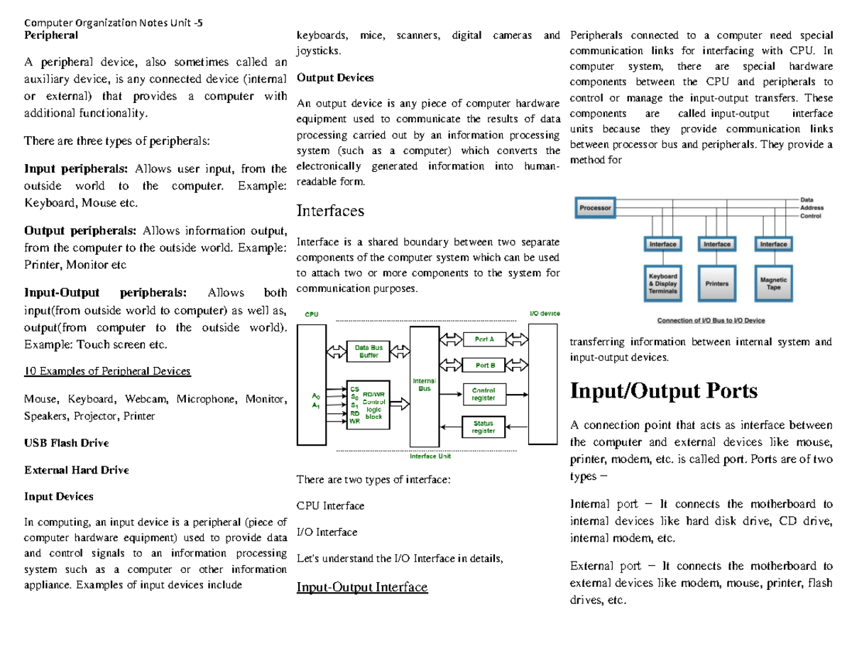 COA Unit 5 - COA Unit 5 lecture notes - Peripheral A peripheral device ...