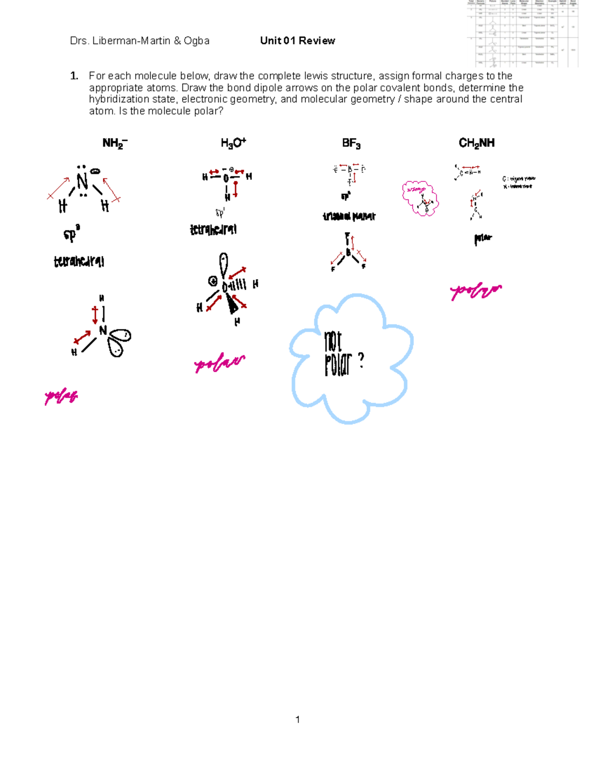 Exam 1 review - For each molecule below, draw the complete lewis ...