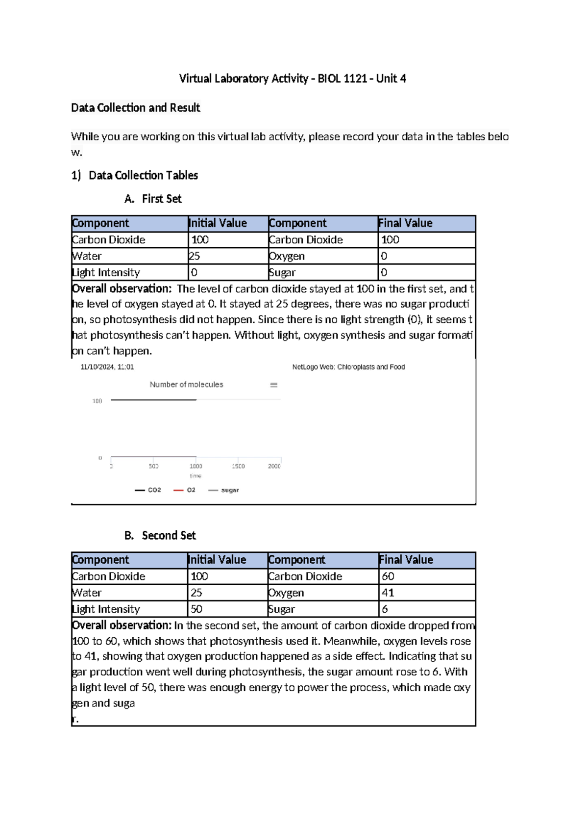 Experiment 3 - Data Collection and Result - Virtual Laboratory Activity - BIOL 1121 - Unit 4 ...