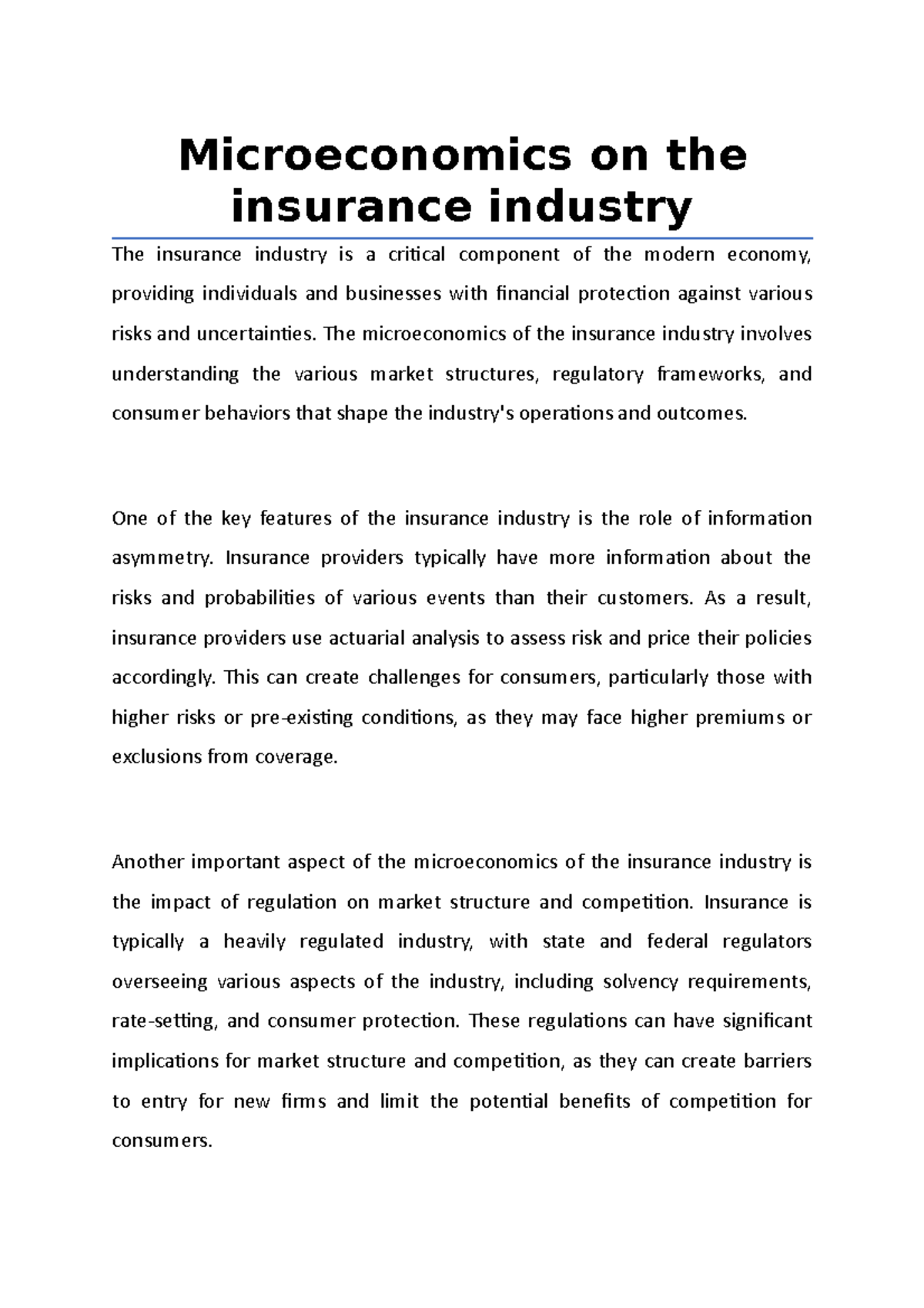 Note on Microeconomics on the insurance industry - Microeconomics on ...
