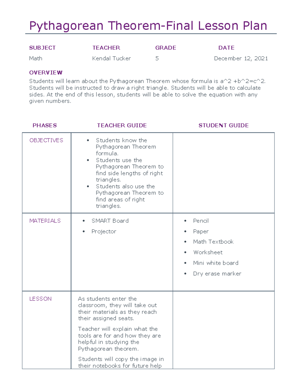 Math Final Lesson Plan - Pythagorean Theorem-Final Lesson Plan SUBJECT ...