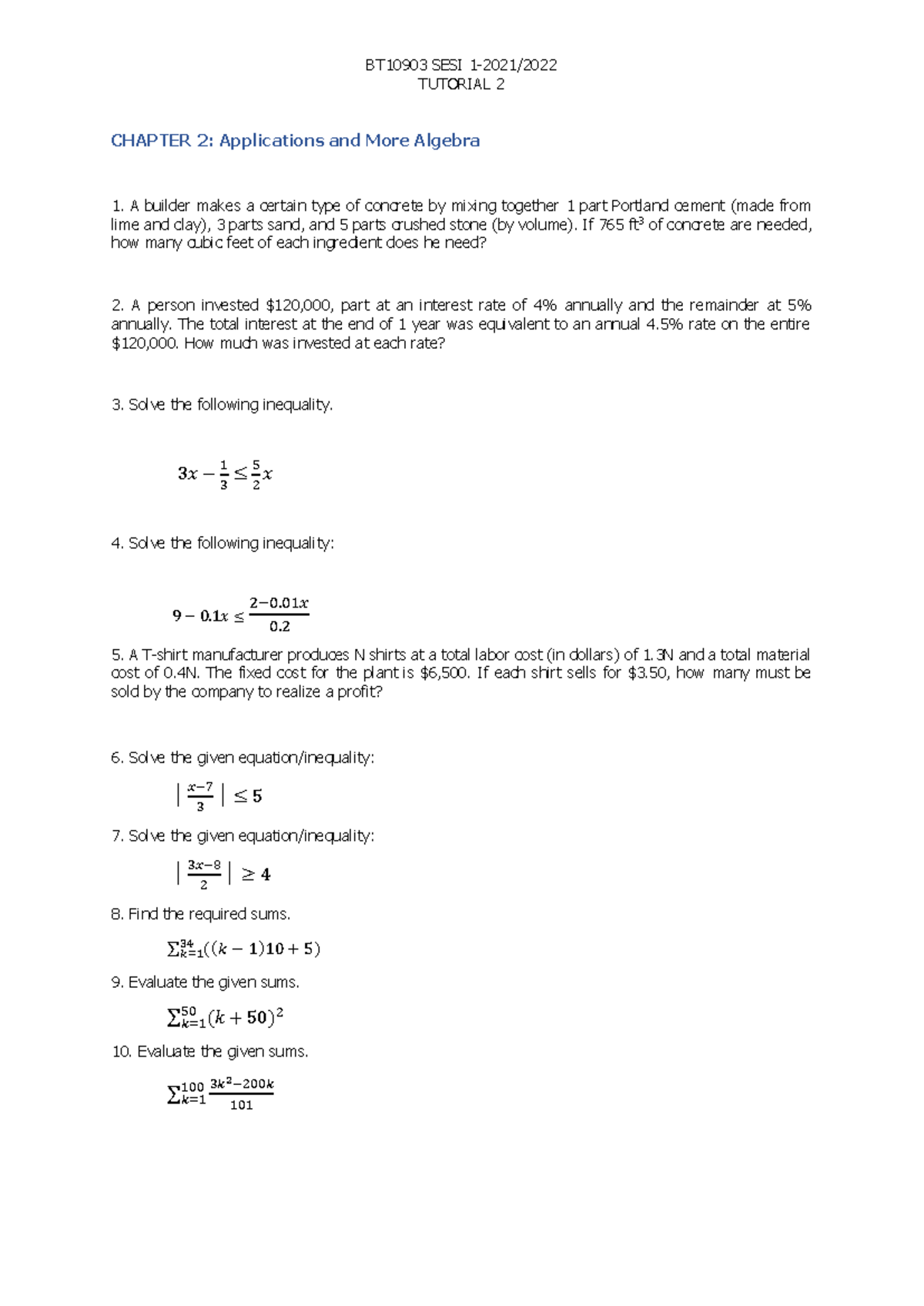 Tutorial 2 - BT10903 SESI 1-2021/ TUTORIAL 2 CHAPTER 2: Applications and More Algebra 1. A ...